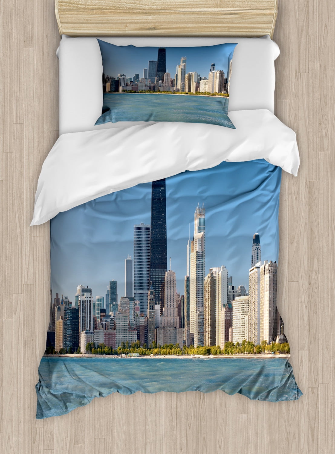 Illinois Duvet Cover Set Twin Size, View of Chicago Skyline from ...