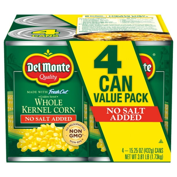 DEL MONTE Golden Sweet Whole Kernel Canned Corn, No Salt Added, 15.25 ...