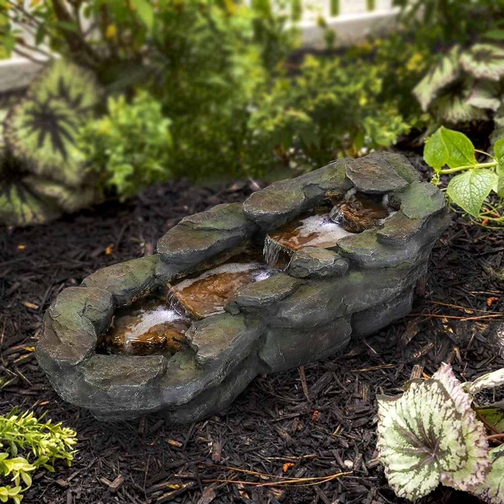 9.4in Tall Indoor/Outdoor Resin Stone River Rock Fountain w/LED Lights ...