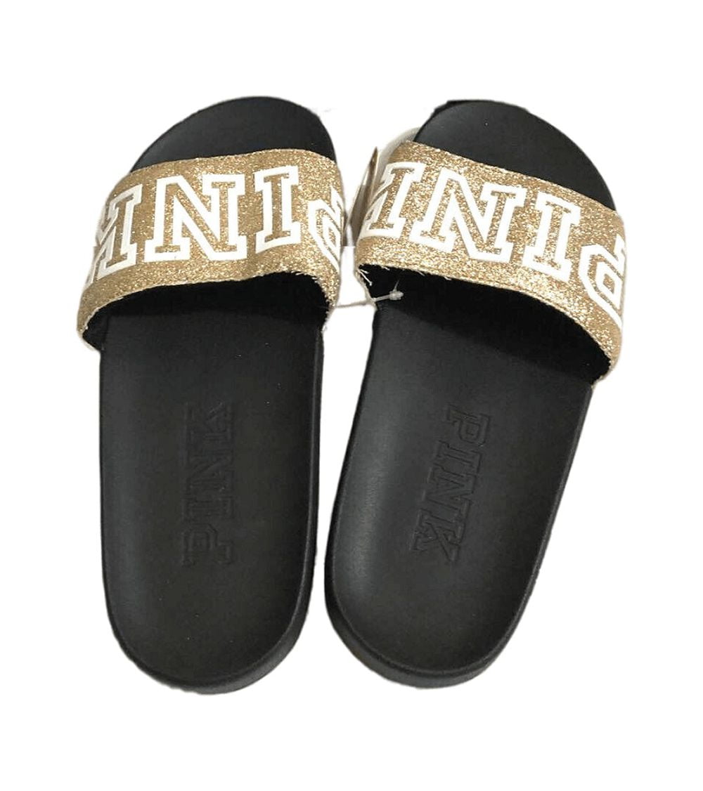 Victoria's Secret Pink Single Strap Slide Sandals Gold Glitter Logo ...