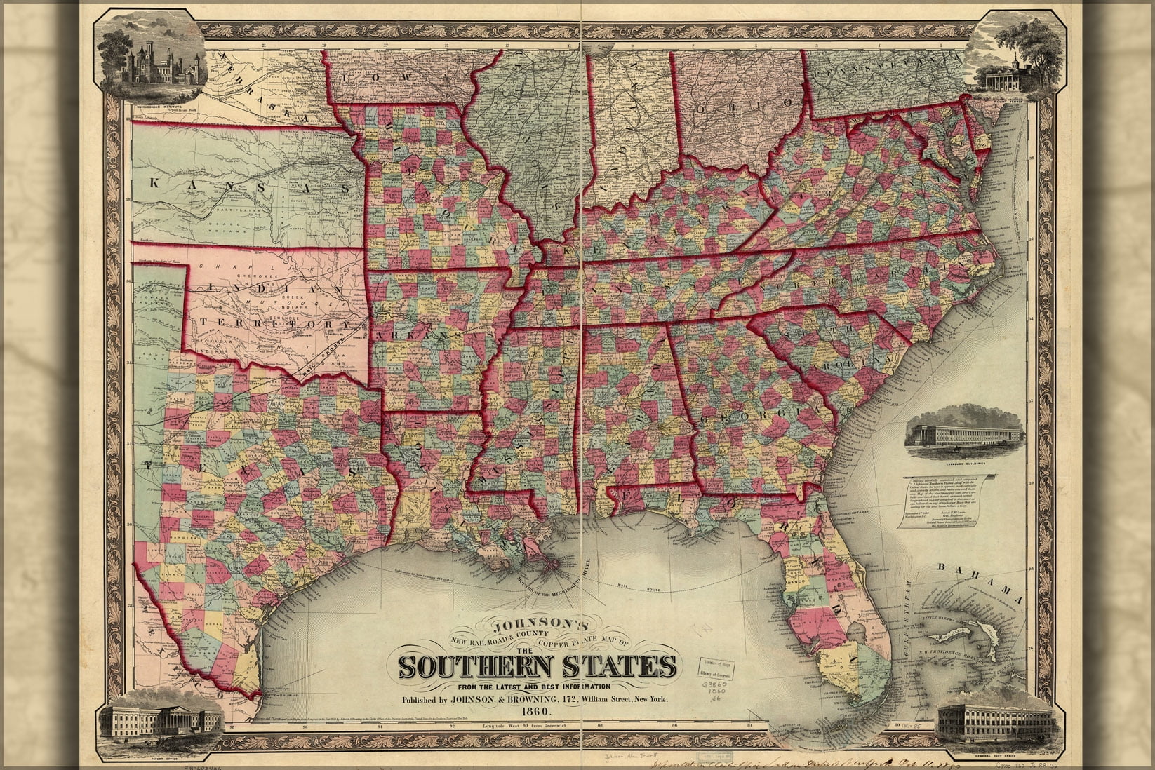 24"x36" Gallery Poster, railroad & county map of southern states 1860 ...