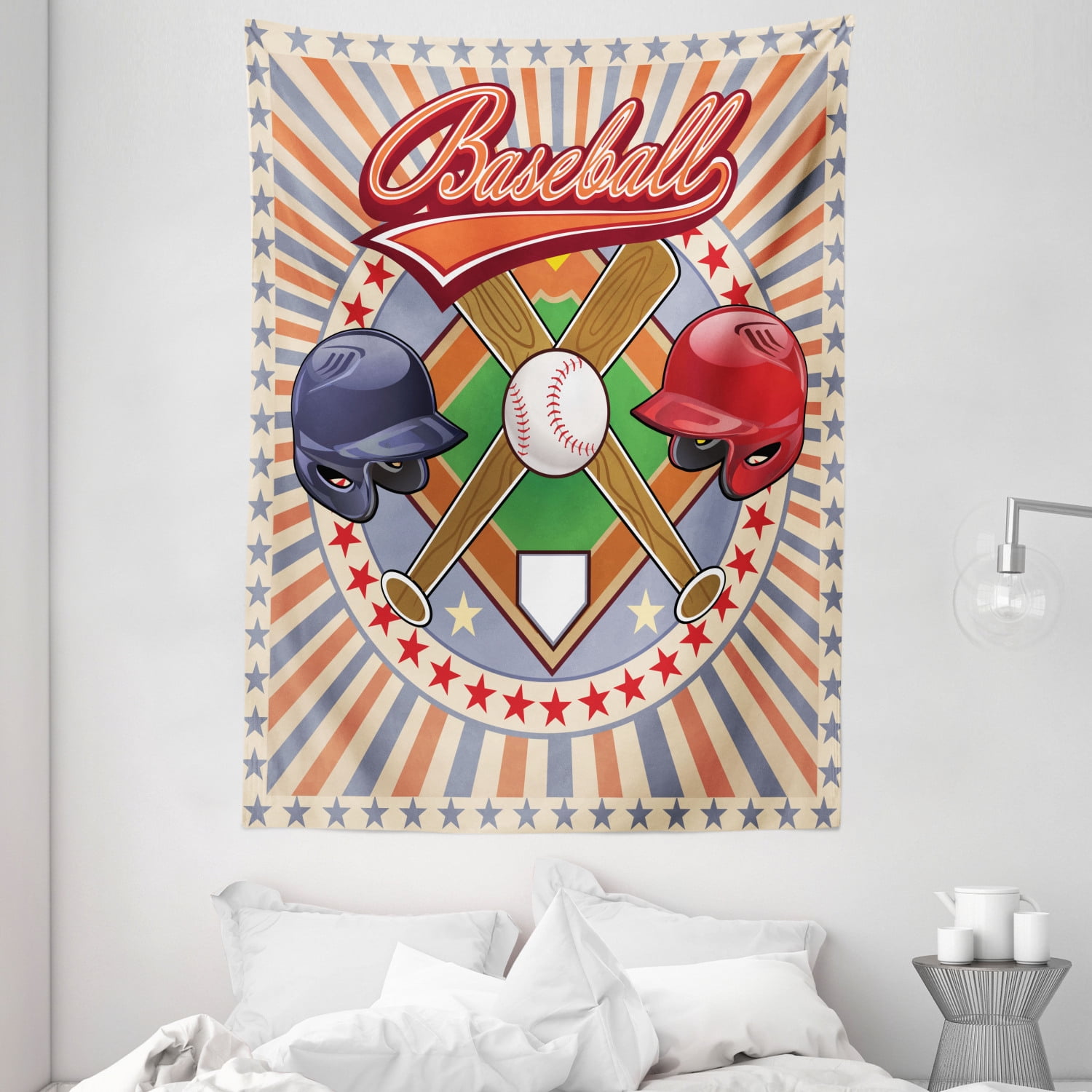 Baseball Tapestry, Retro Pop Art Baseball Logo with Vertical Striped ...