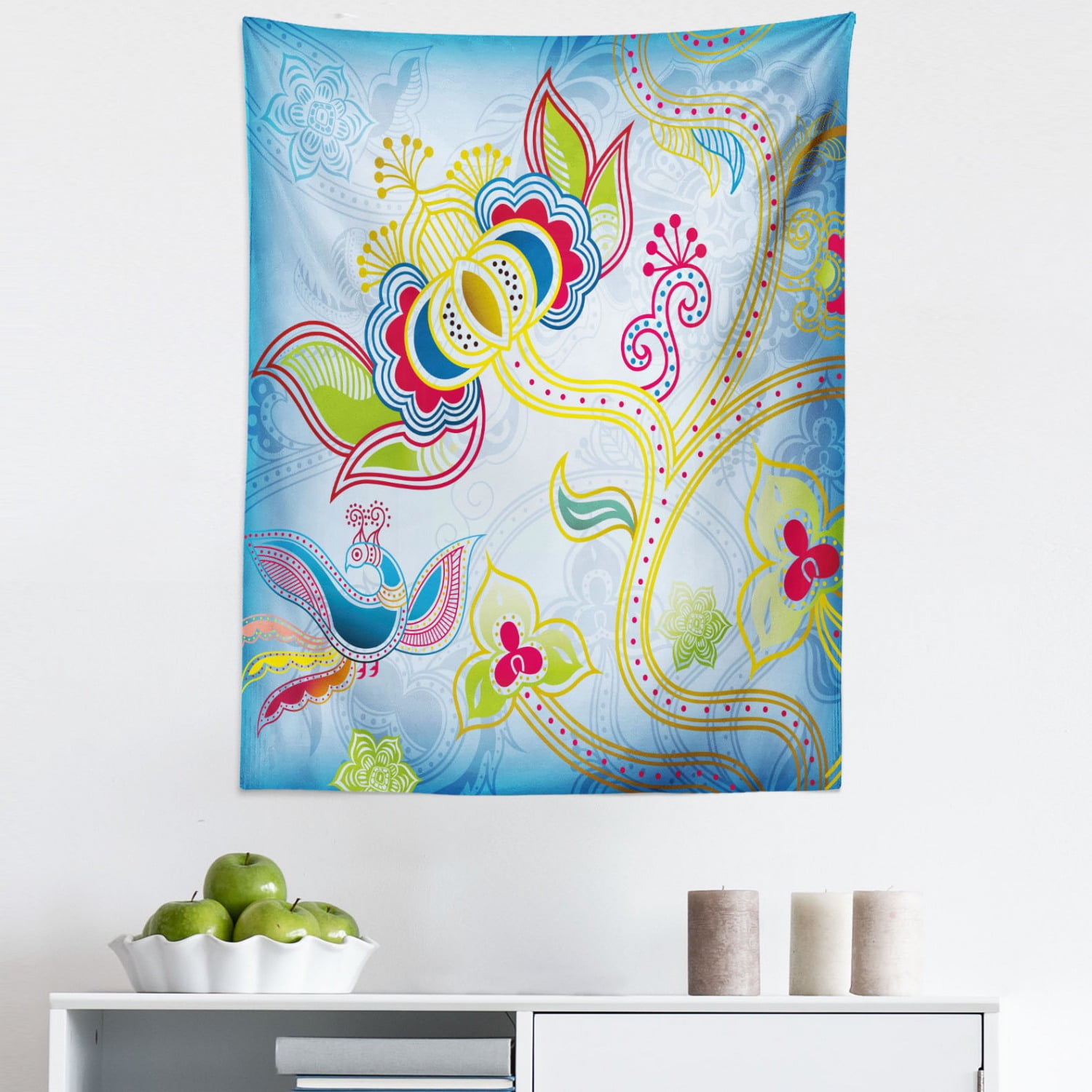 East Tapestry, Colorful Floral Far Eastern Art Motifs Swirled Lines ...