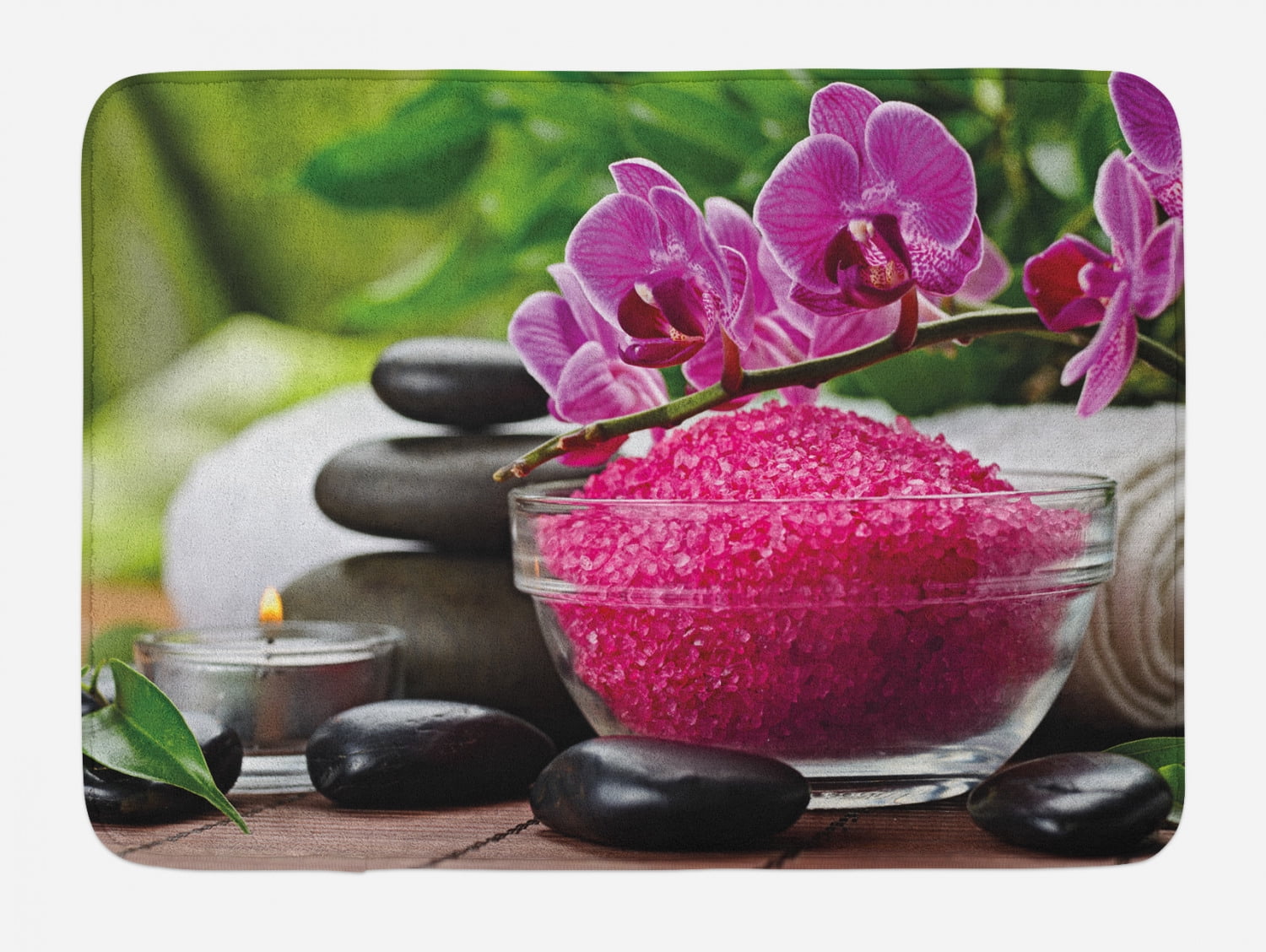 Spa Bath Mat, Black Zen Stone Triplets with Asian Originated Orchids ...