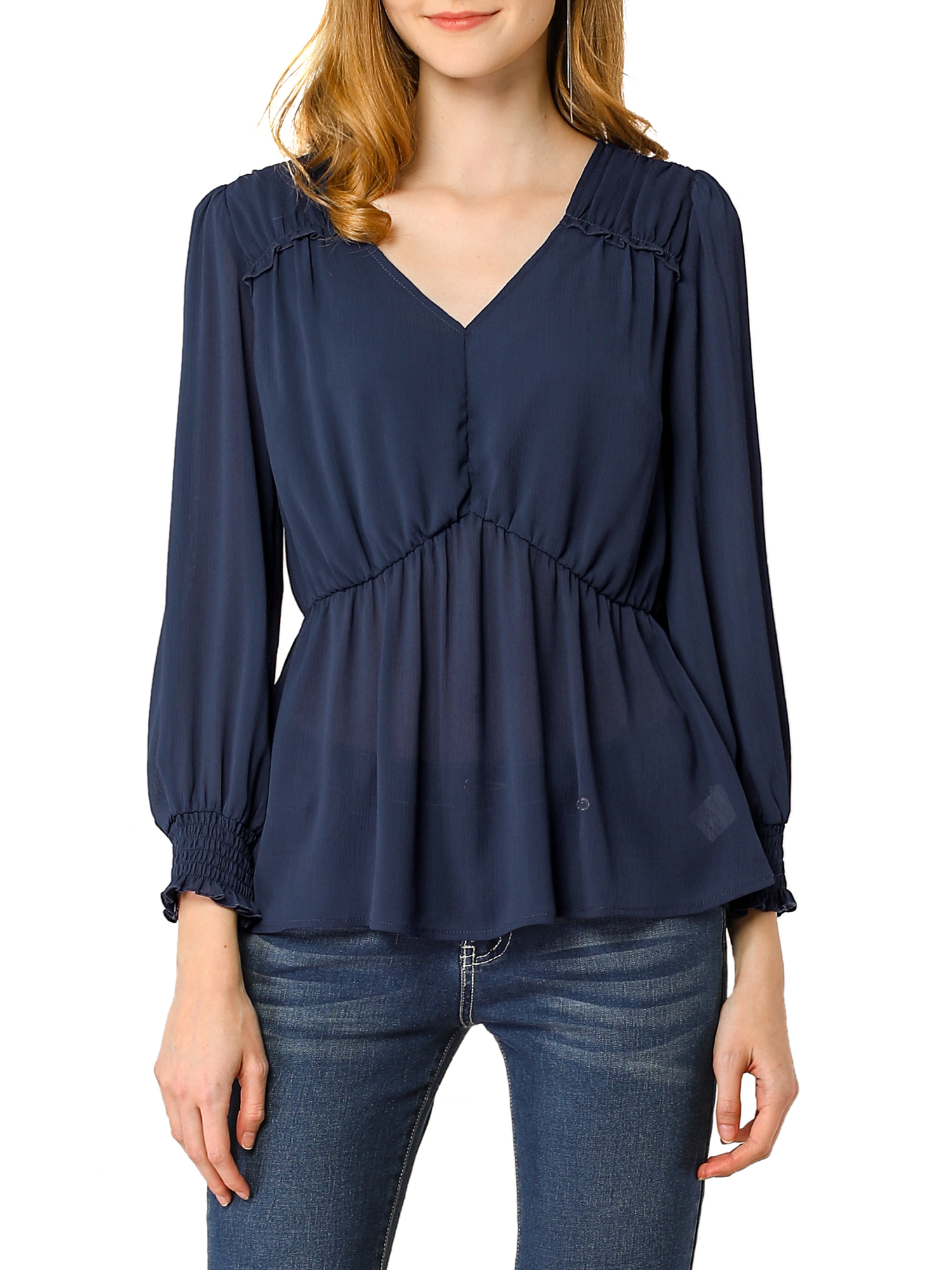 Allegra K Allegra K Womens Ruffled Long Puff Sleeves Blouses V Neck