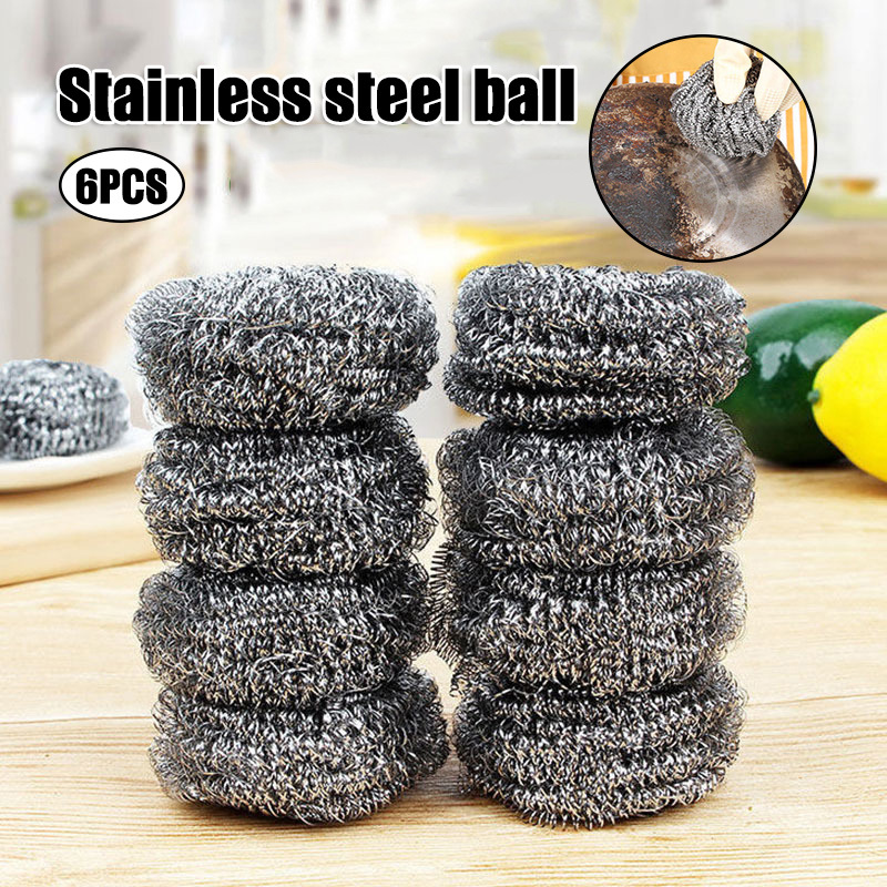 6 PCS Home Stainless Steel Scrubber Sponges Cleaning Balls Metal ...
