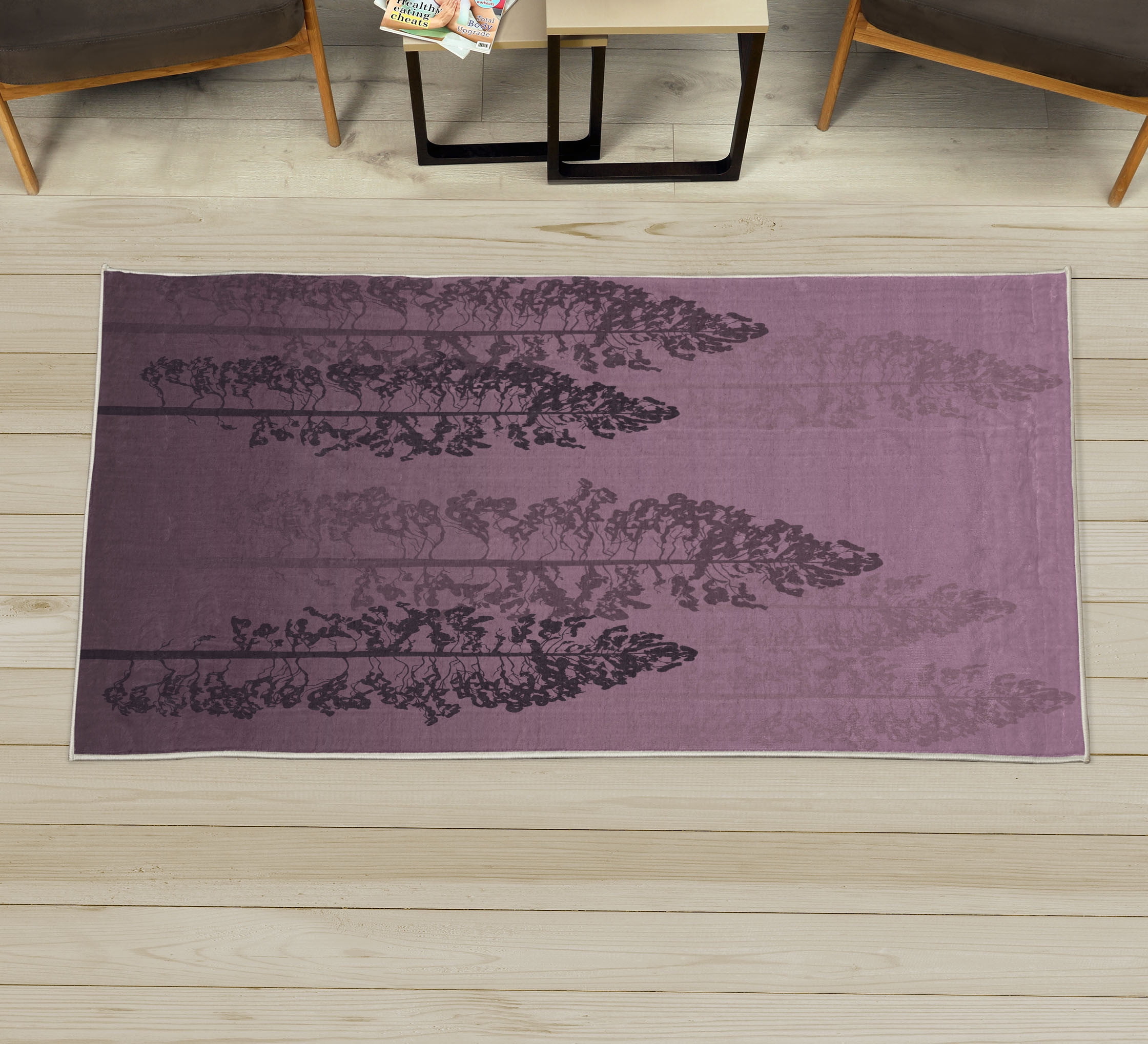 Country Decorative Rug, Pine Trees in the Forest on Foggy Seem Ombre ...