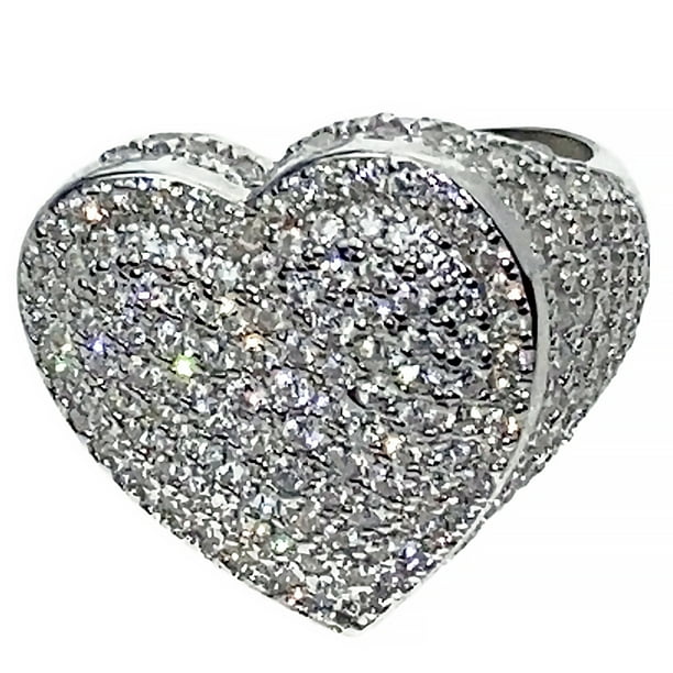 Heart Ring Real Solid 925 Sterling Silver Hip Hop Jewelry Huge Iced ...