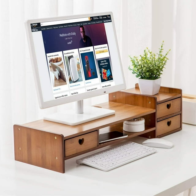 Maydear Bamboo Monitor Stand Riser with Storage Drawer, 2 Tier Desk ...