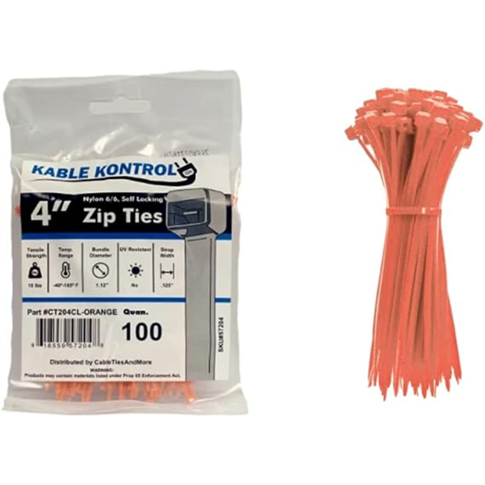 Kable Kontrol Zip Ties - 4" Long - 100 Pc Pk - Orange color - Nylon - 18 Lbs Tensile Strength ...