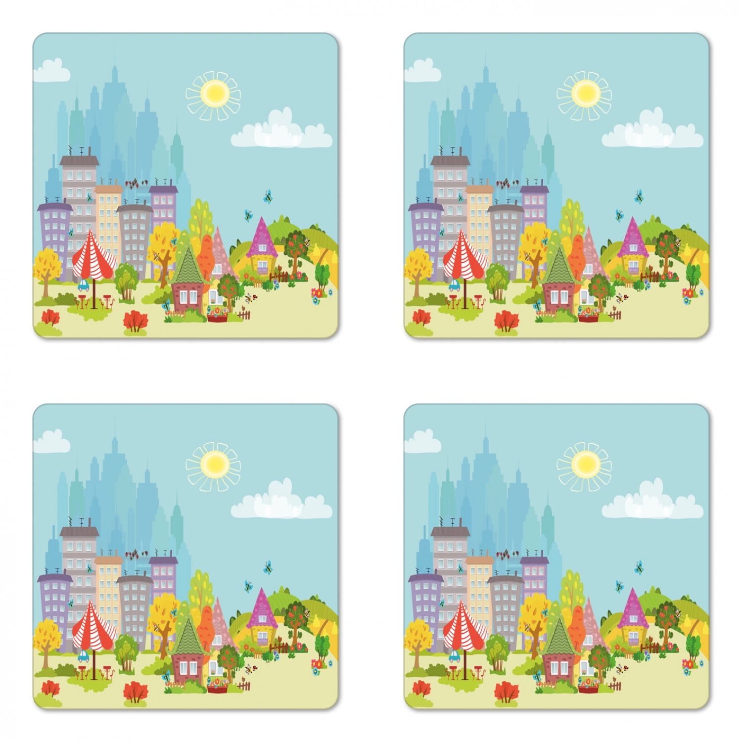 Travel Coaster Set of 4, Cartoon Big City Silhouette with Funny Vivid ...