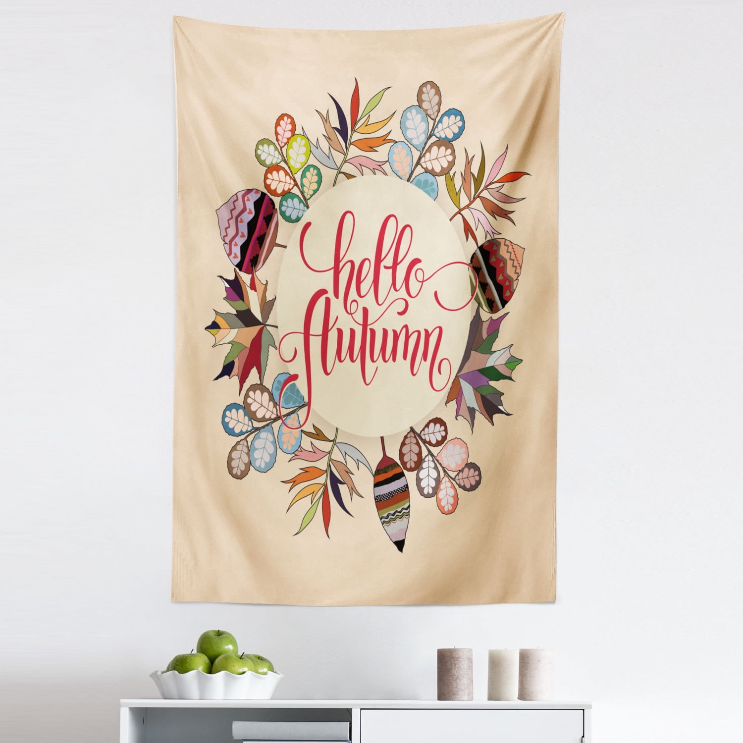 Hello Fall Tapestry, Modern Scandinavian Style Circular Autumn Leaves ...