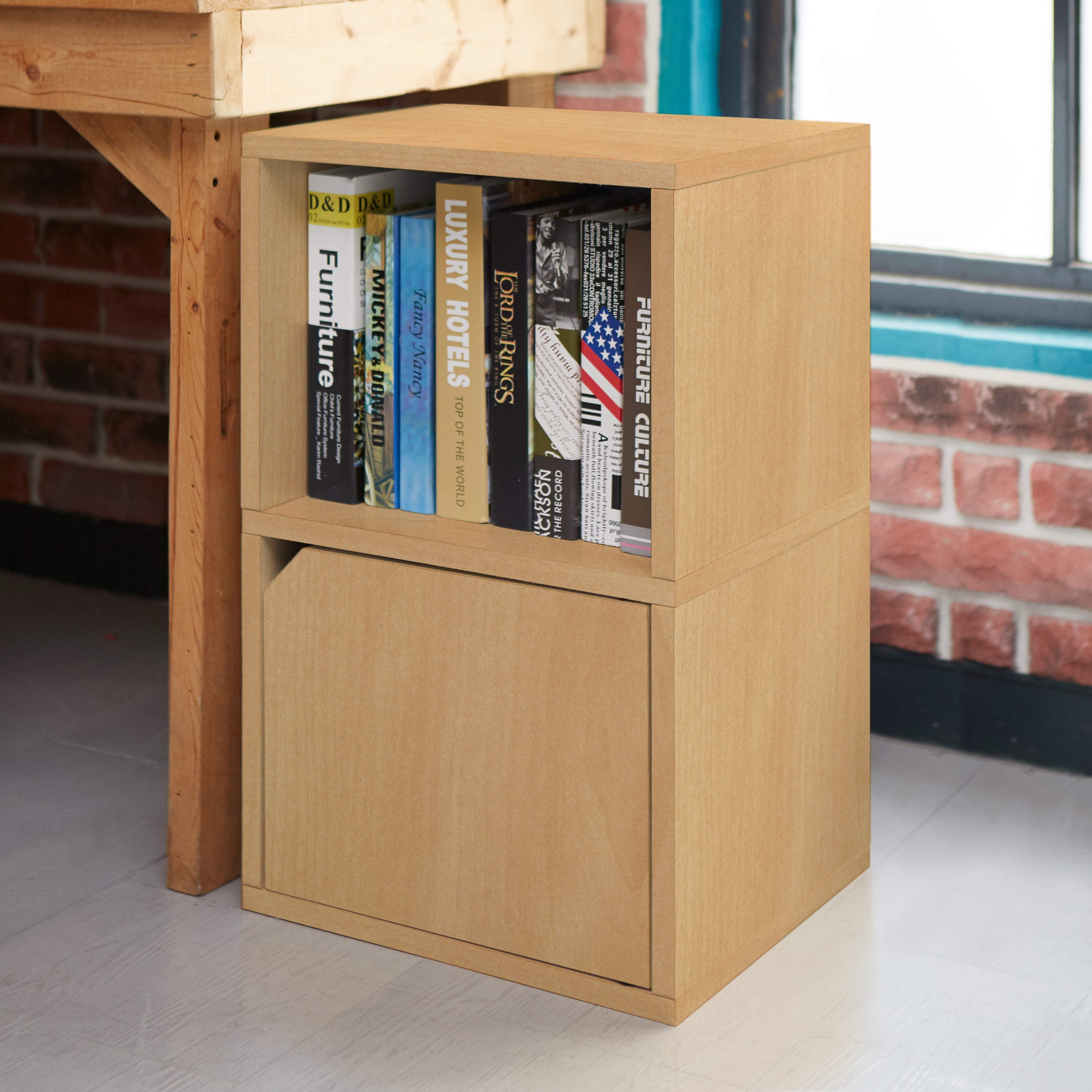 Way Basics Eco Friendly Under Desk Shelf Bookcase with Door, Natural ...