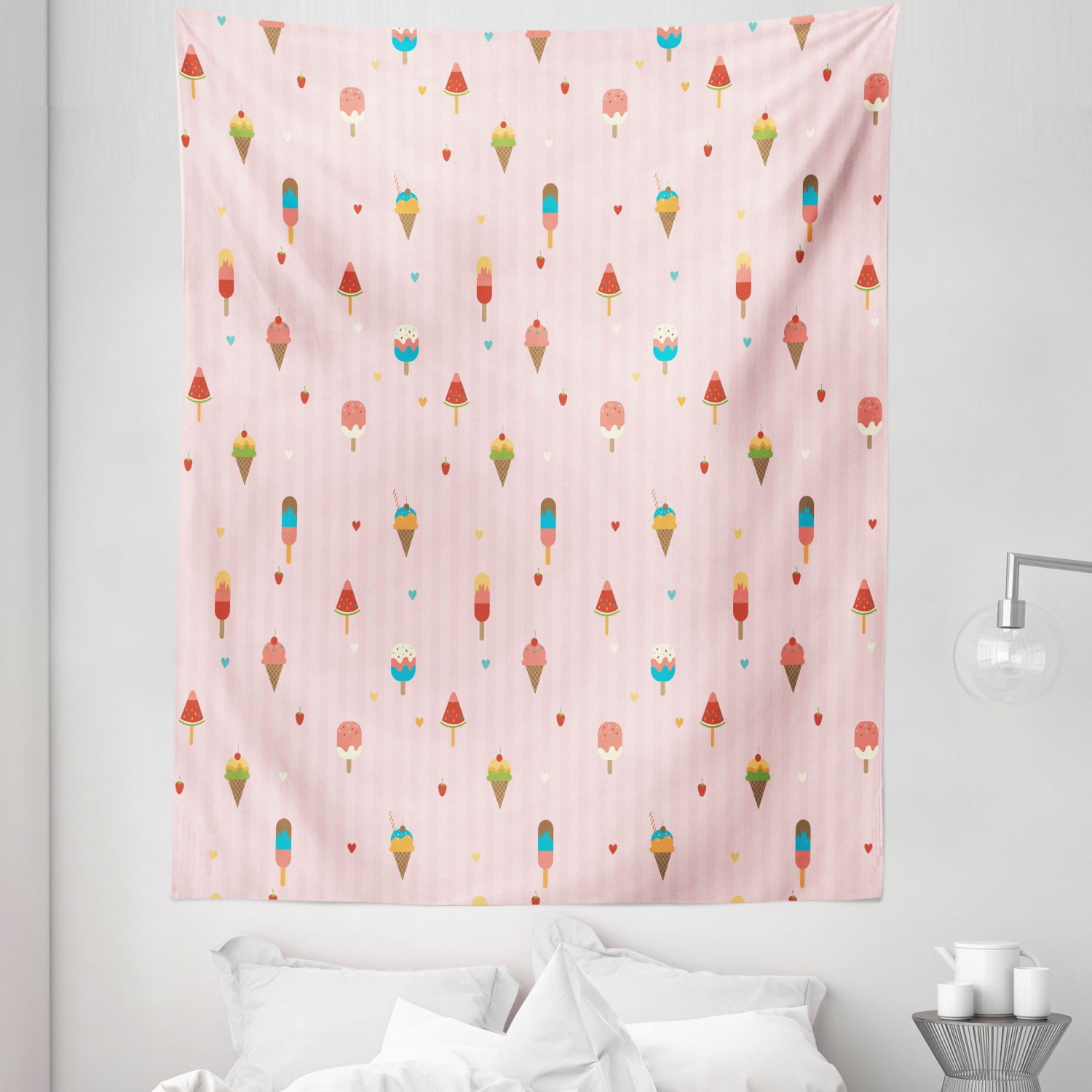 Ice Cream Tapestry, Pastel Pink Striped Backdrop with Hearts Different ...