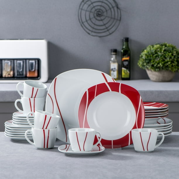 MALACASA, Series Felisa, 30-Piece Porcelain Dinner Set, Red Stripes ...