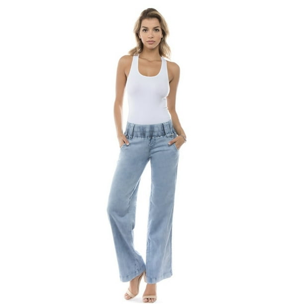 Women's Juniors Bootleg Elastic Waist Lose Fit Premium Bootcut Jeans ...