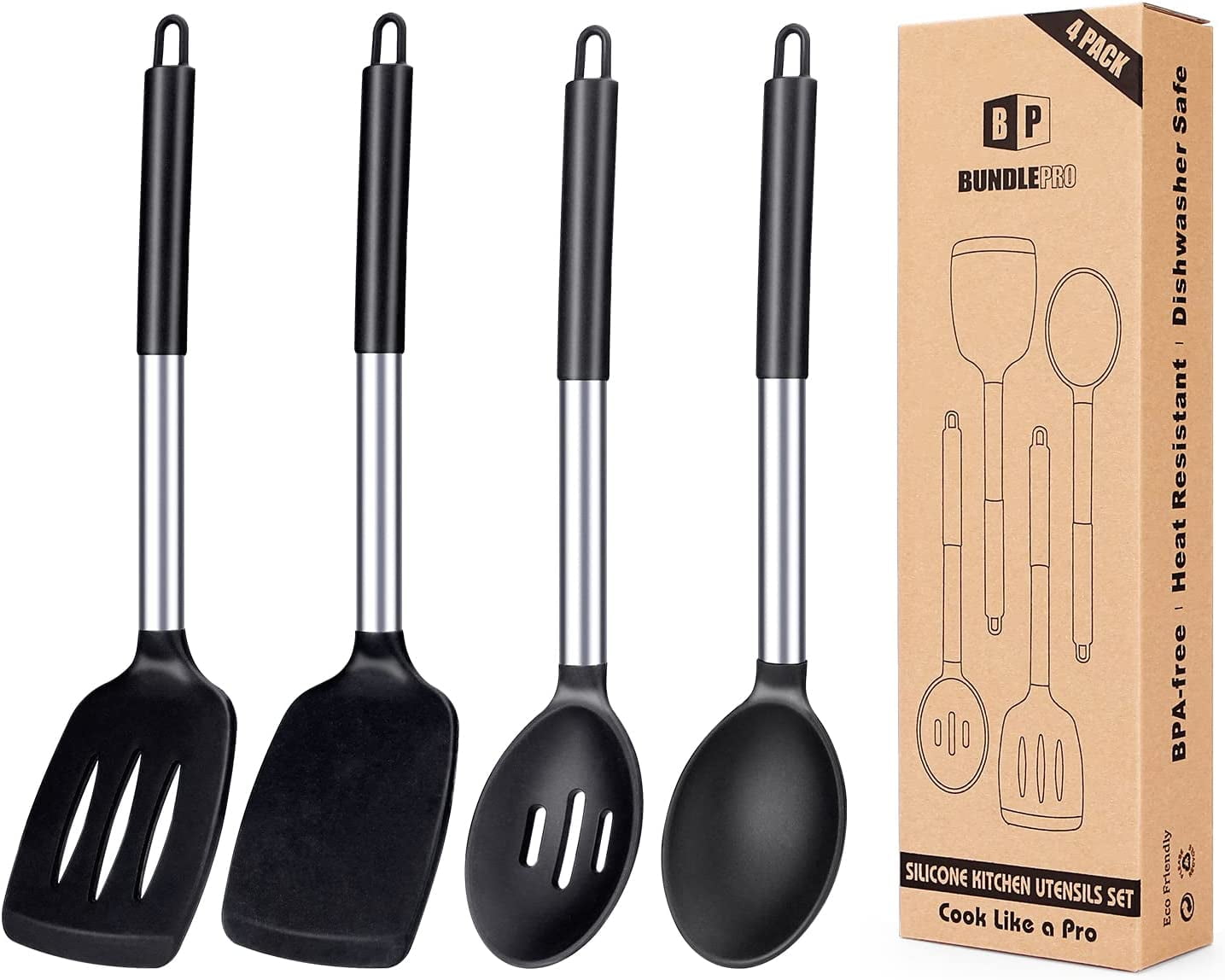 Bundlepro 4 Pack Silicone Home Kitchen Cooking Utensils Set, Solid ...