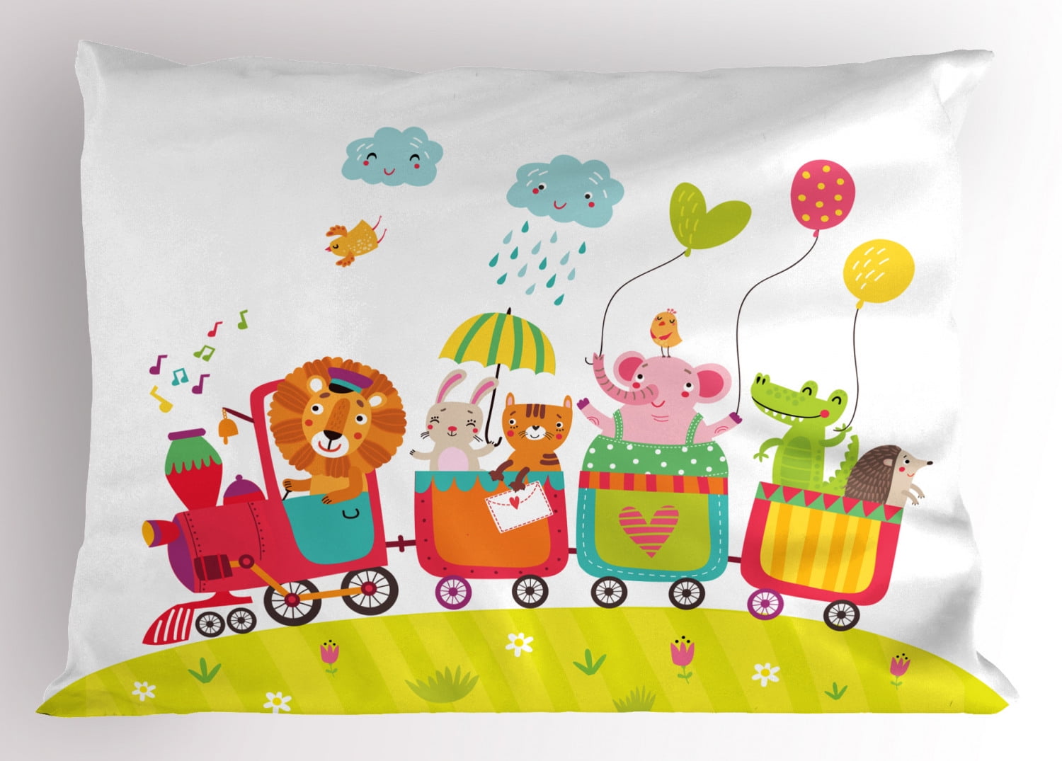 Nursery Pillow Sham, Childish Drawing Cartoon with Animals in Wagons ...