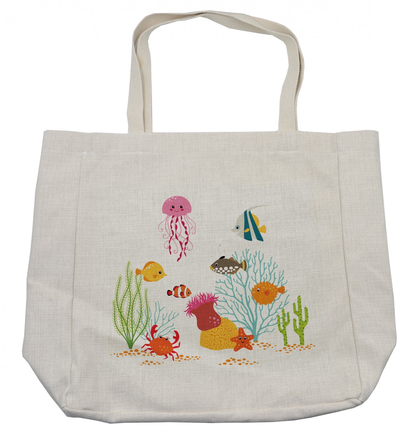 Ocean Shopping Bag, Aquatic Cartoon Characters Fishes Jellyfish Coral ...