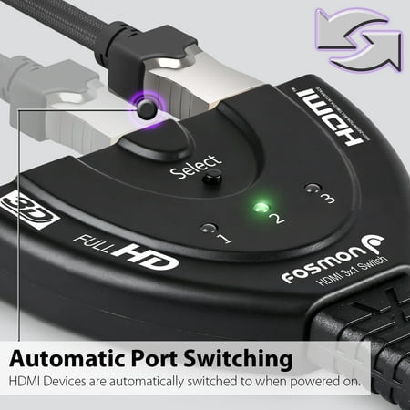 Fosmon 3-Port HDMI Switch, 3x1 3-In-1-Out Automatic HDMI Selector ...