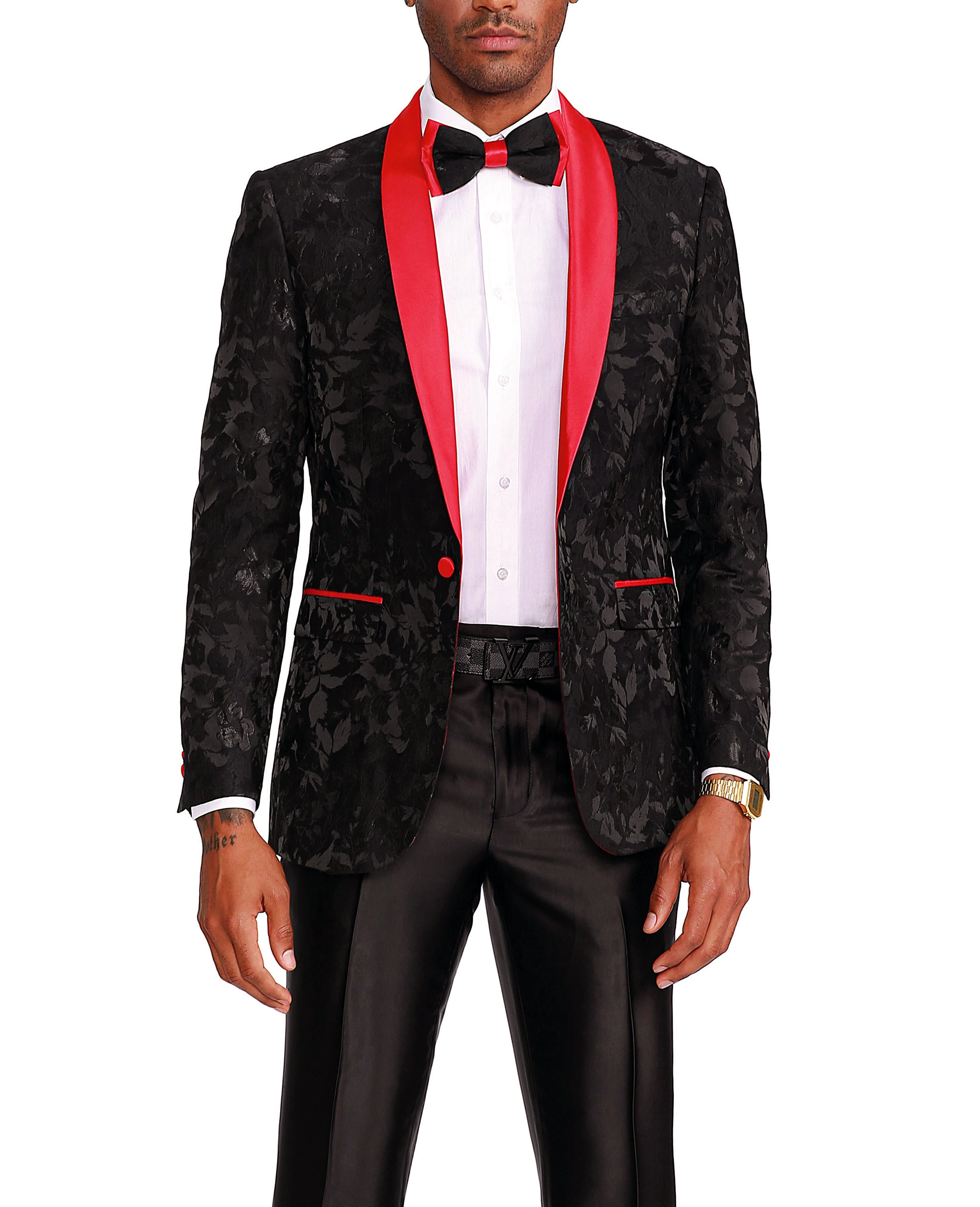 TZ Men's Premium Prom Floral Satin Shawl Collar Jacket, Black/Red ...