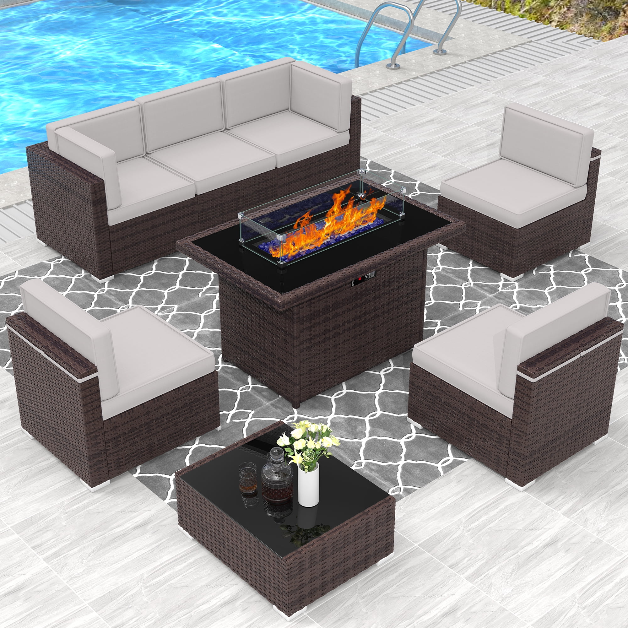 8 Piece Patio Furniture Set with 44" Propane Gas Fire Pit Table ...