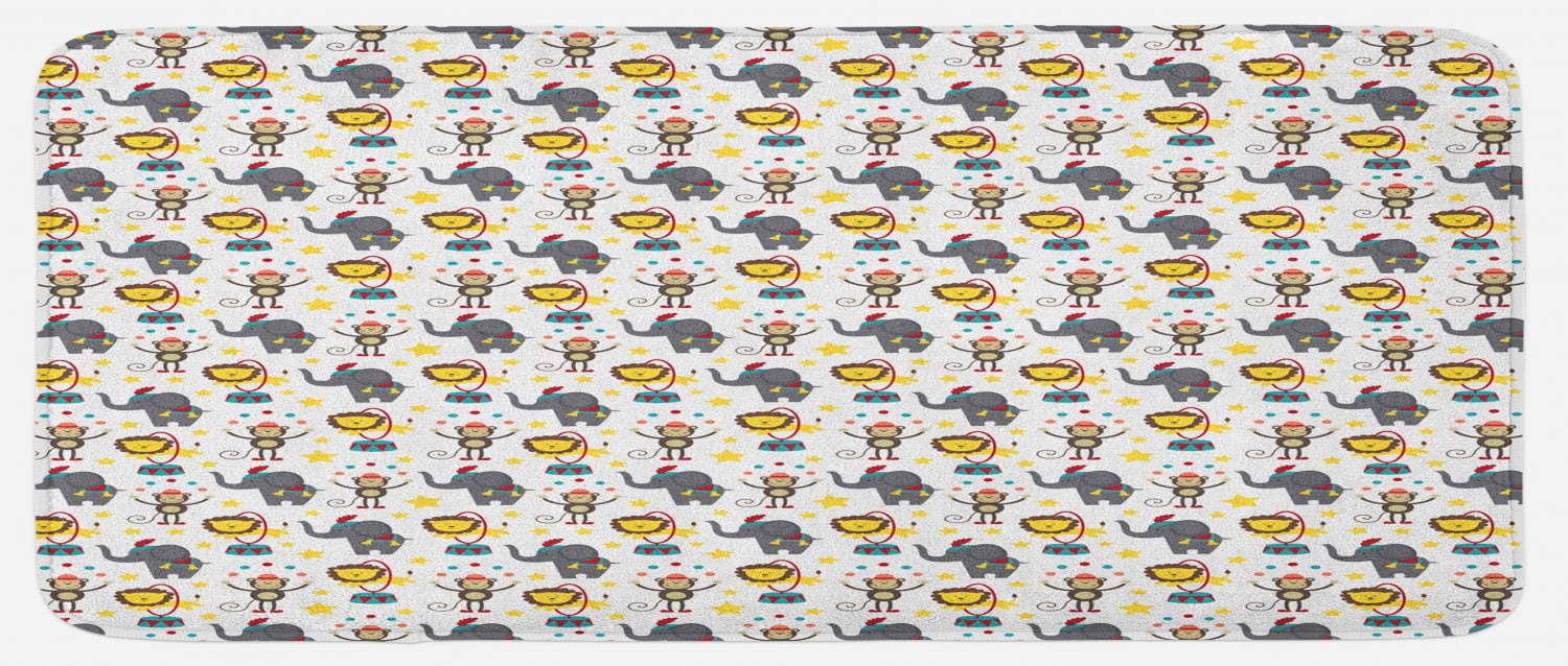 Cartoon Kitchen Mat, Happy Circus Animals Performing Jumping Posing ...