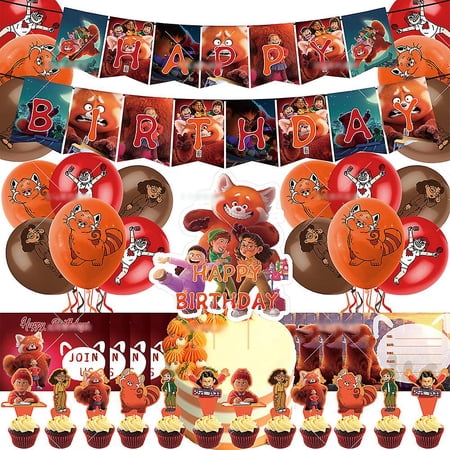 Turning Red Theme Balloons Banner Cake Topper Invitation Cards Set Kids ...