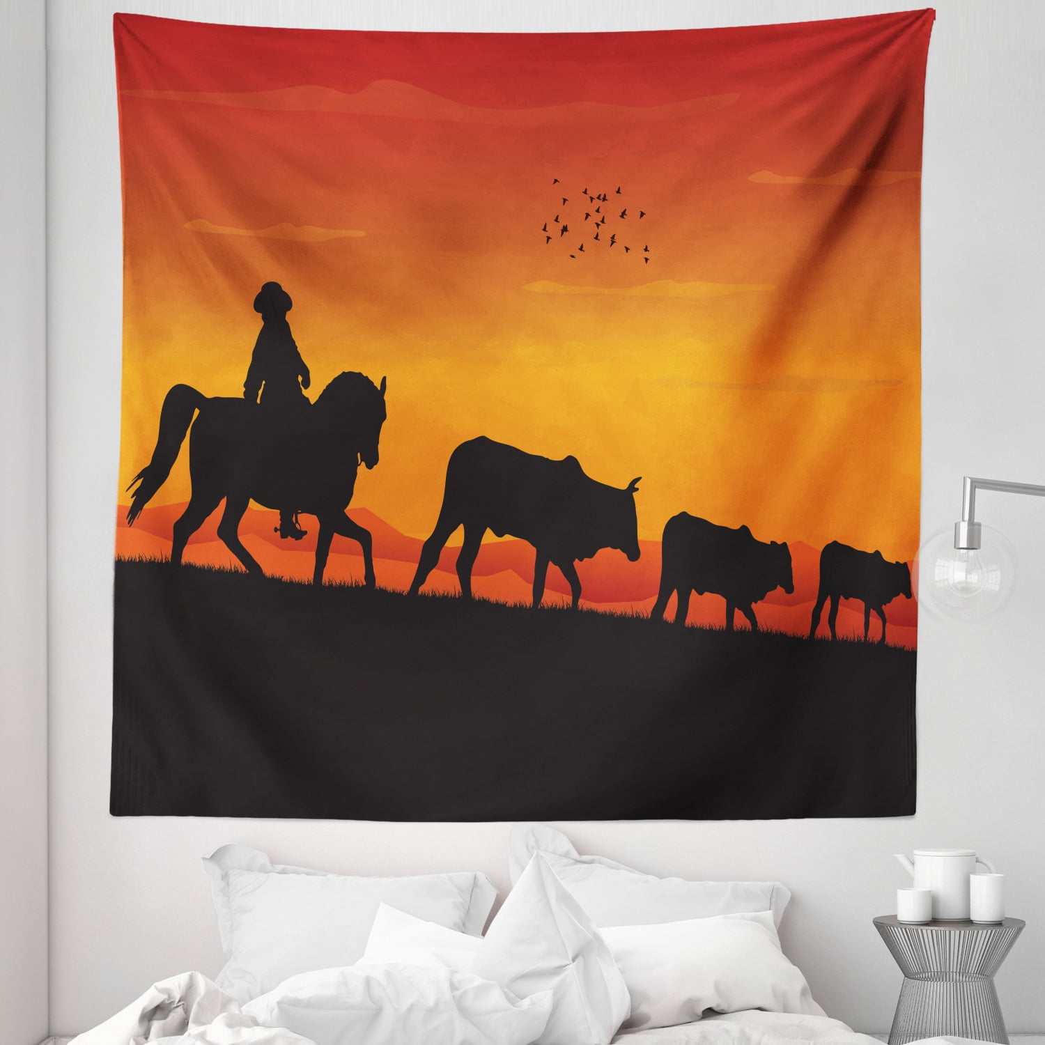 Cattle Tapestry, Silhouette Farm Theme Cowboy Man Riding Horse Cow Herd ...