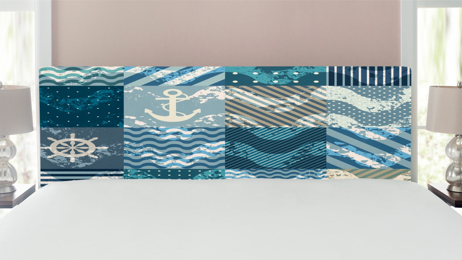 Nautical Headboard, Marine Theme Wave Patterns in Patchwork Style Boxes ...