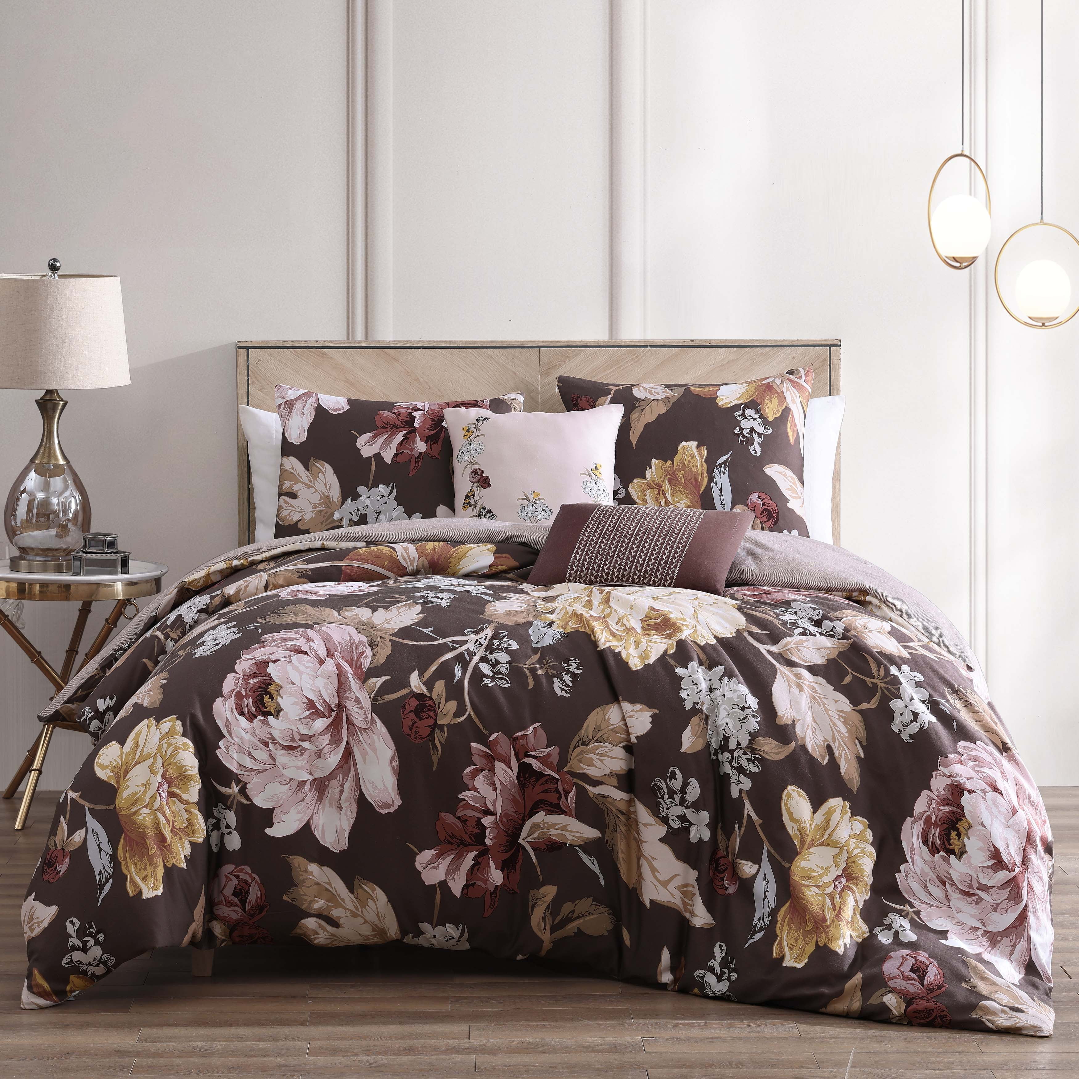 Bebejan 5 Piece Comforter Set, King, Brown, Floral Garden, 100% Cotton ...