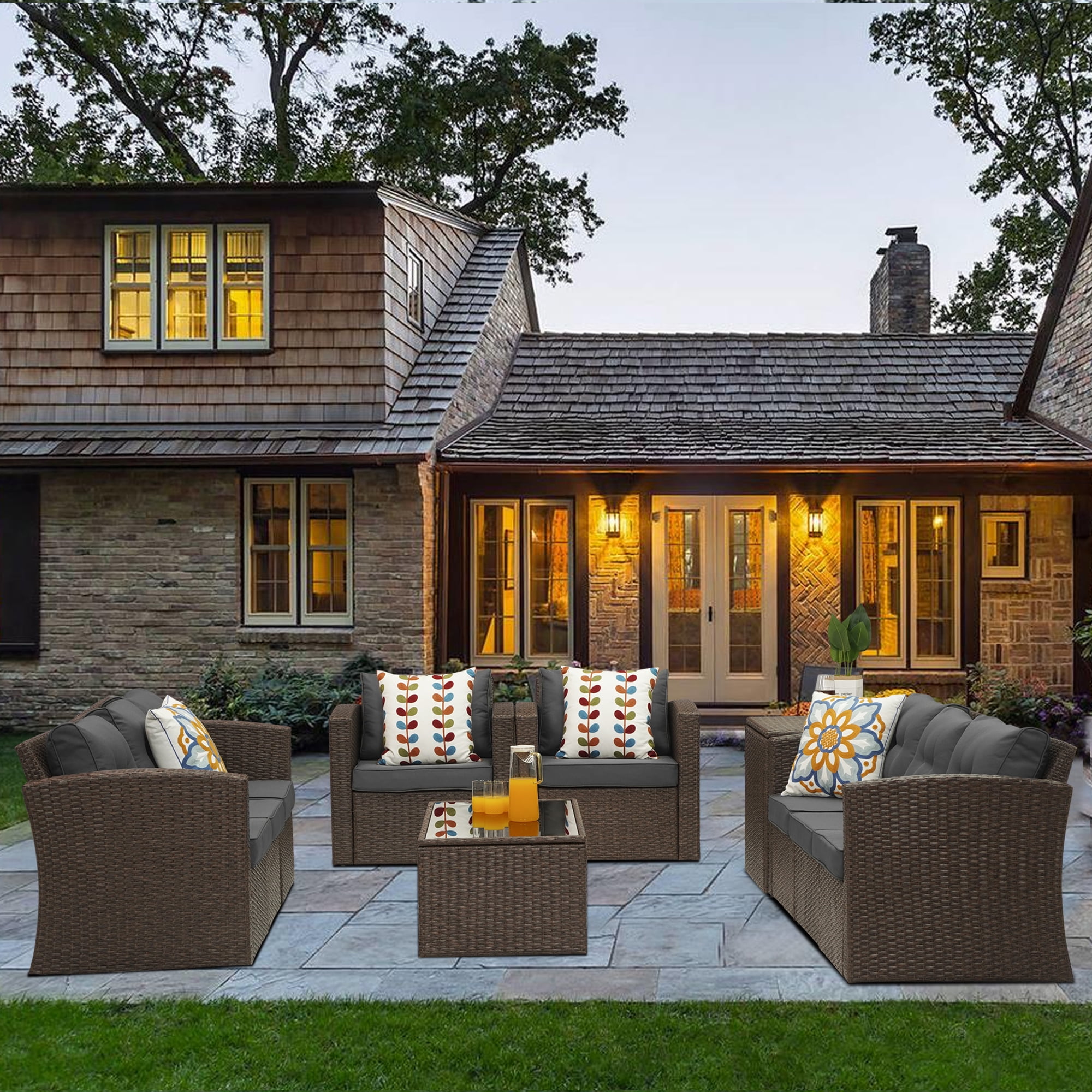 Cozyhom 10 Pieces Brown Outdoor Patio Furniture Sets, Wicker Rattan ...