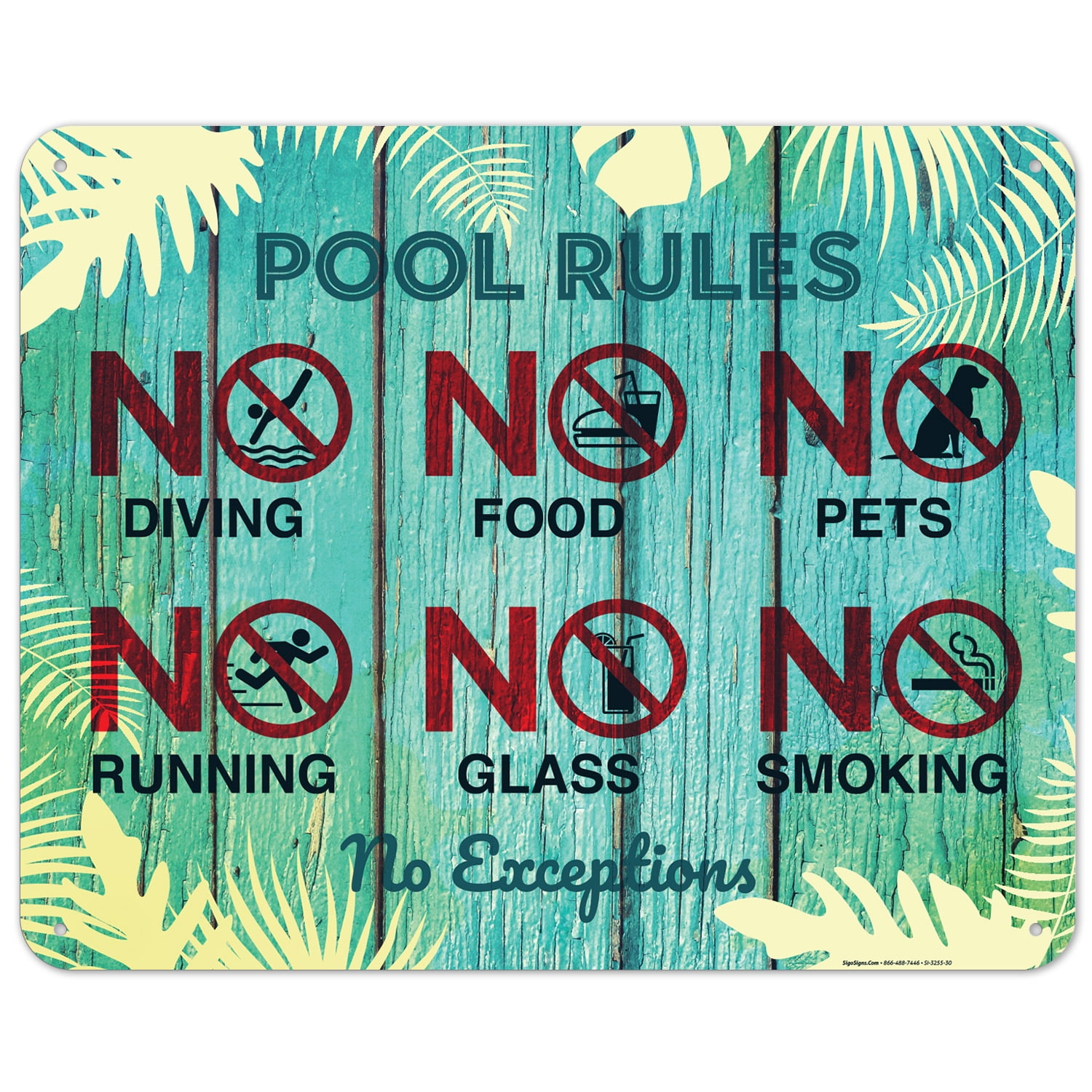 Pool Rules Decorative Sign, No Diving Food Smoking Glass Sign ...