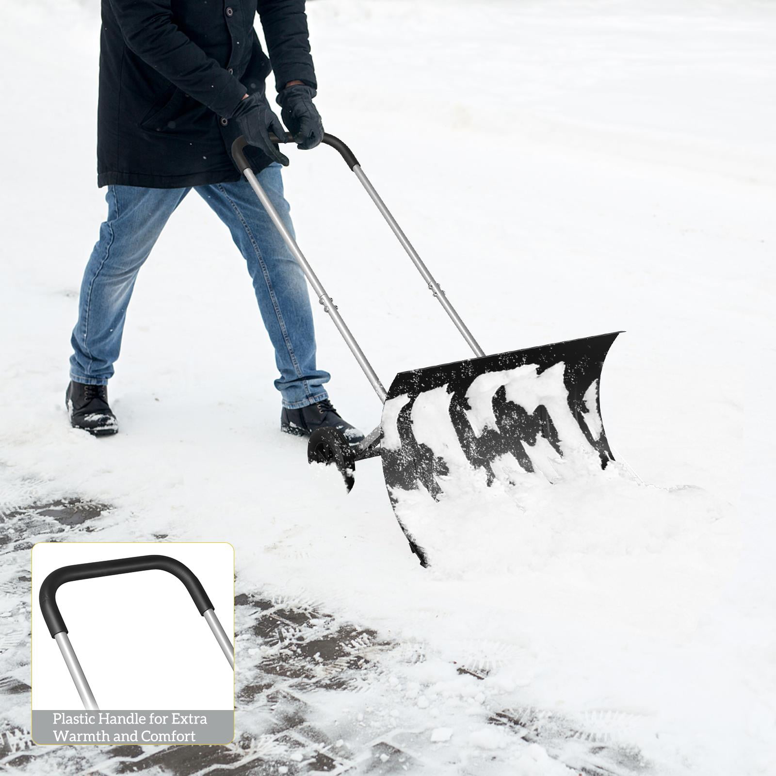 GoDecor Rolling Snow Pusher Wheeled Snow Shovel Heavy Duty Snow Plow ...