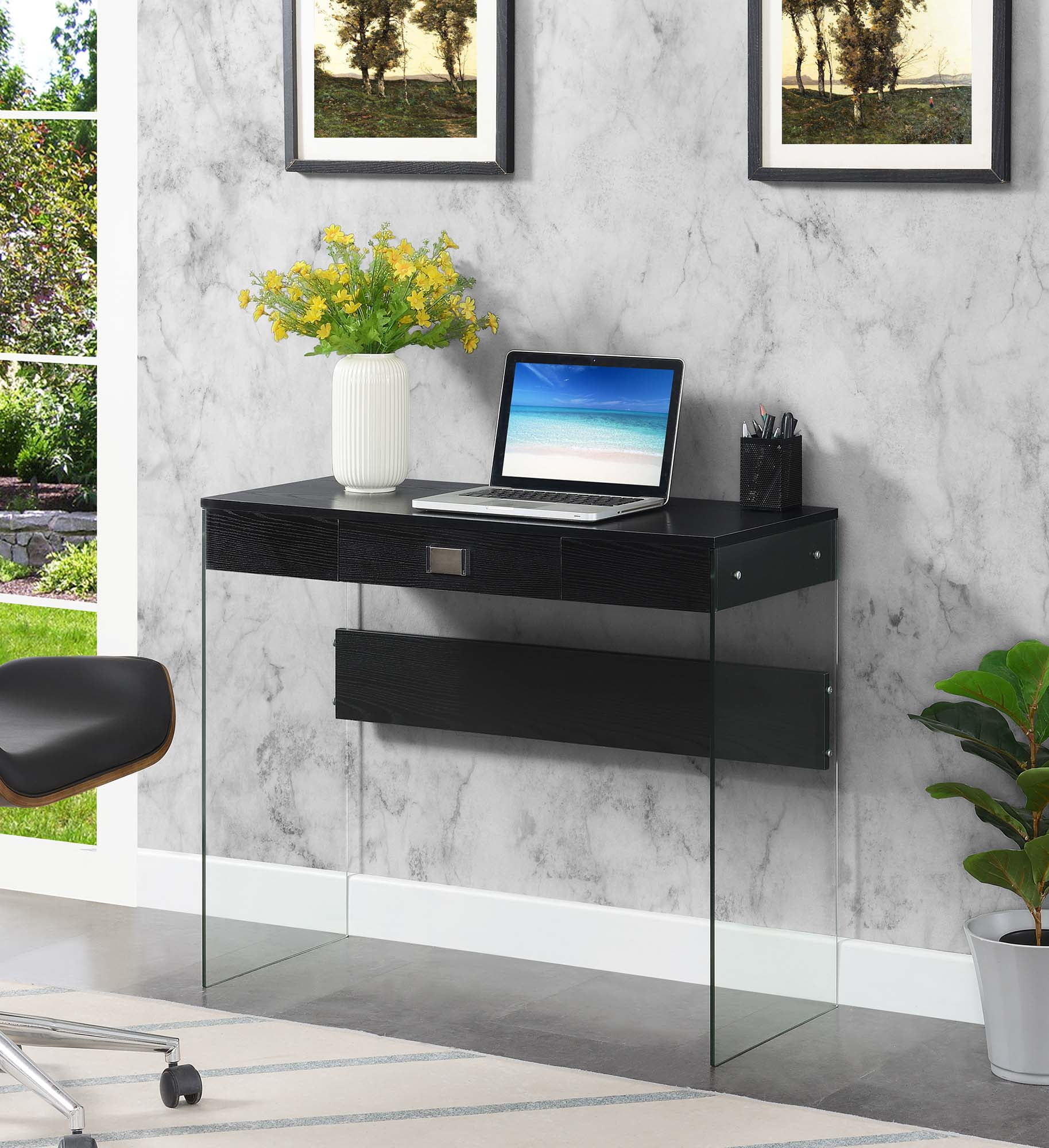 Convenience Concepts SoHo 1 Drawer Glass 36 inch Desk, Black/Glass ...