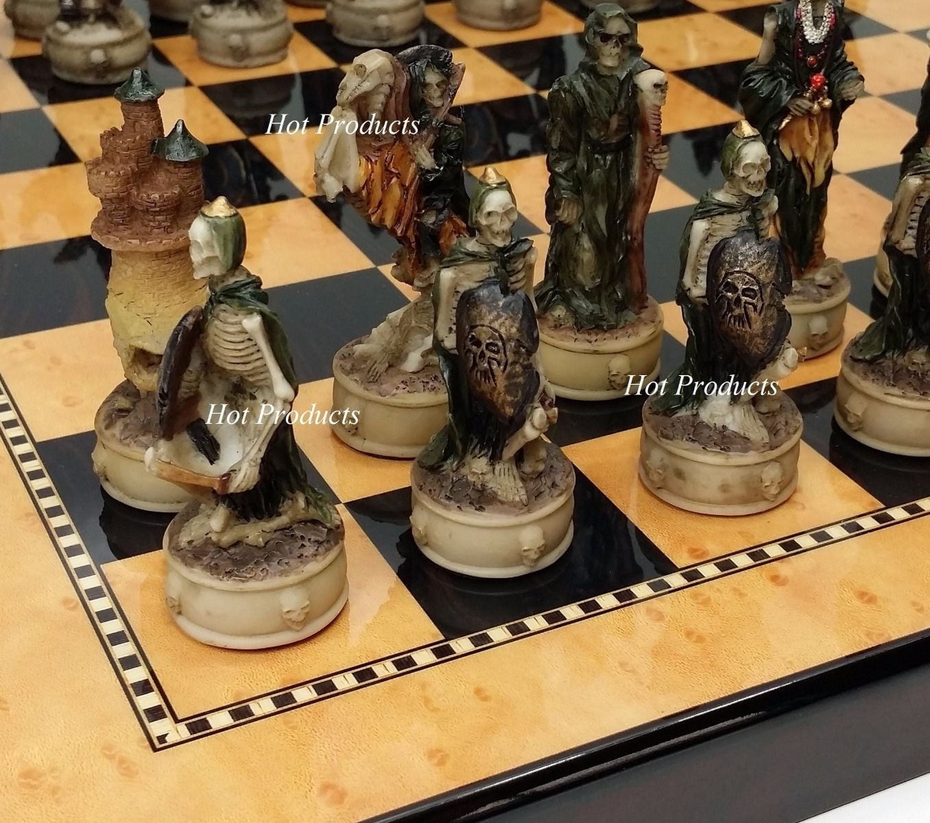 Medieval Times Skeleton Slayer Gothic Skull Chess Set 15" Walnut Color ...