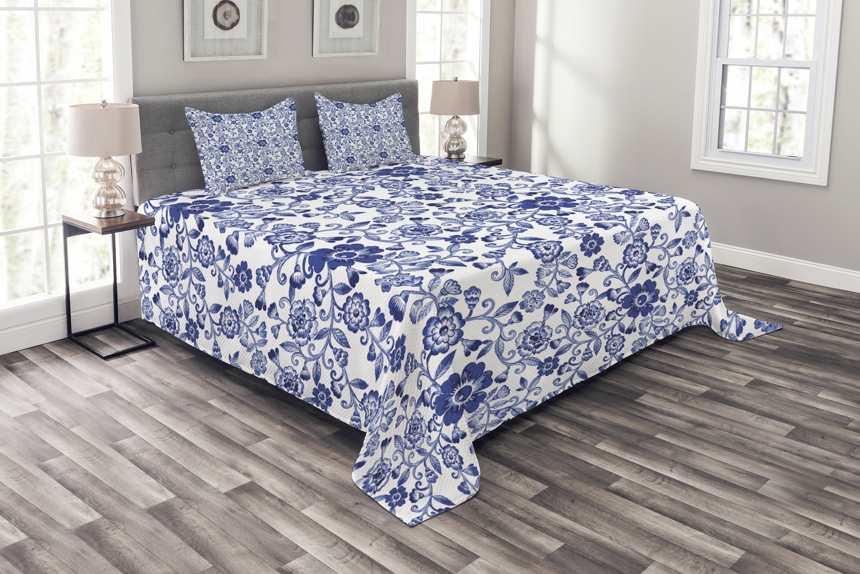 Watercolor Bedspread Set King Size Artistic Vibrant Blue Flowers