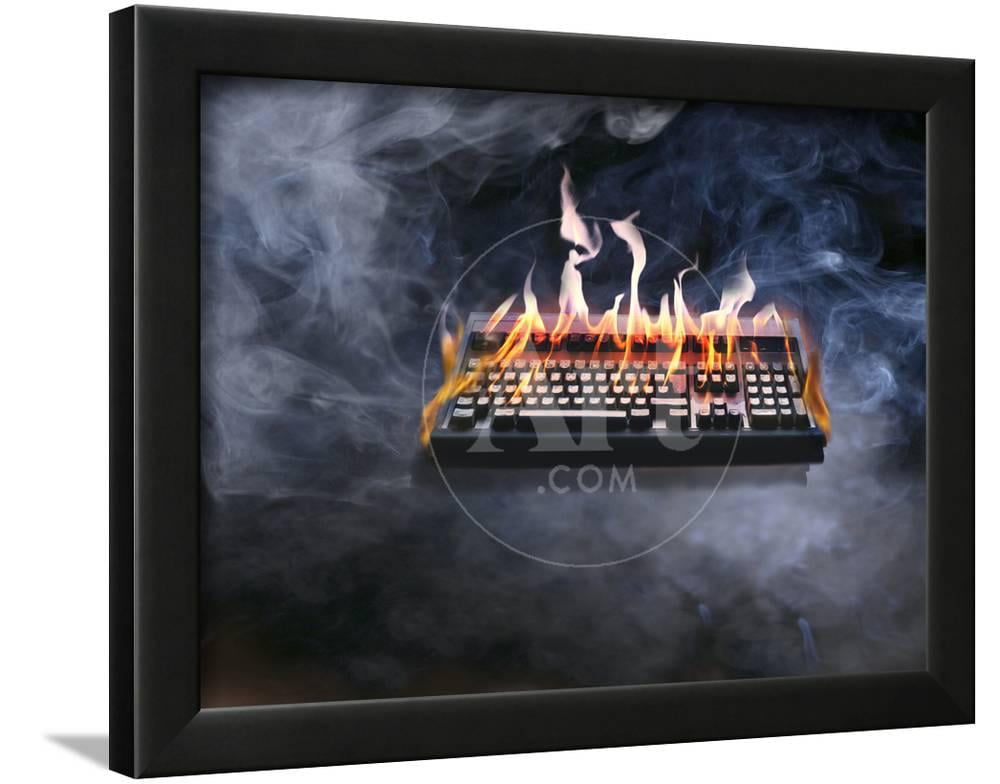 Computer Keyboard on Fire and Smoking, Framed Art Print Wall Art Sold ...
