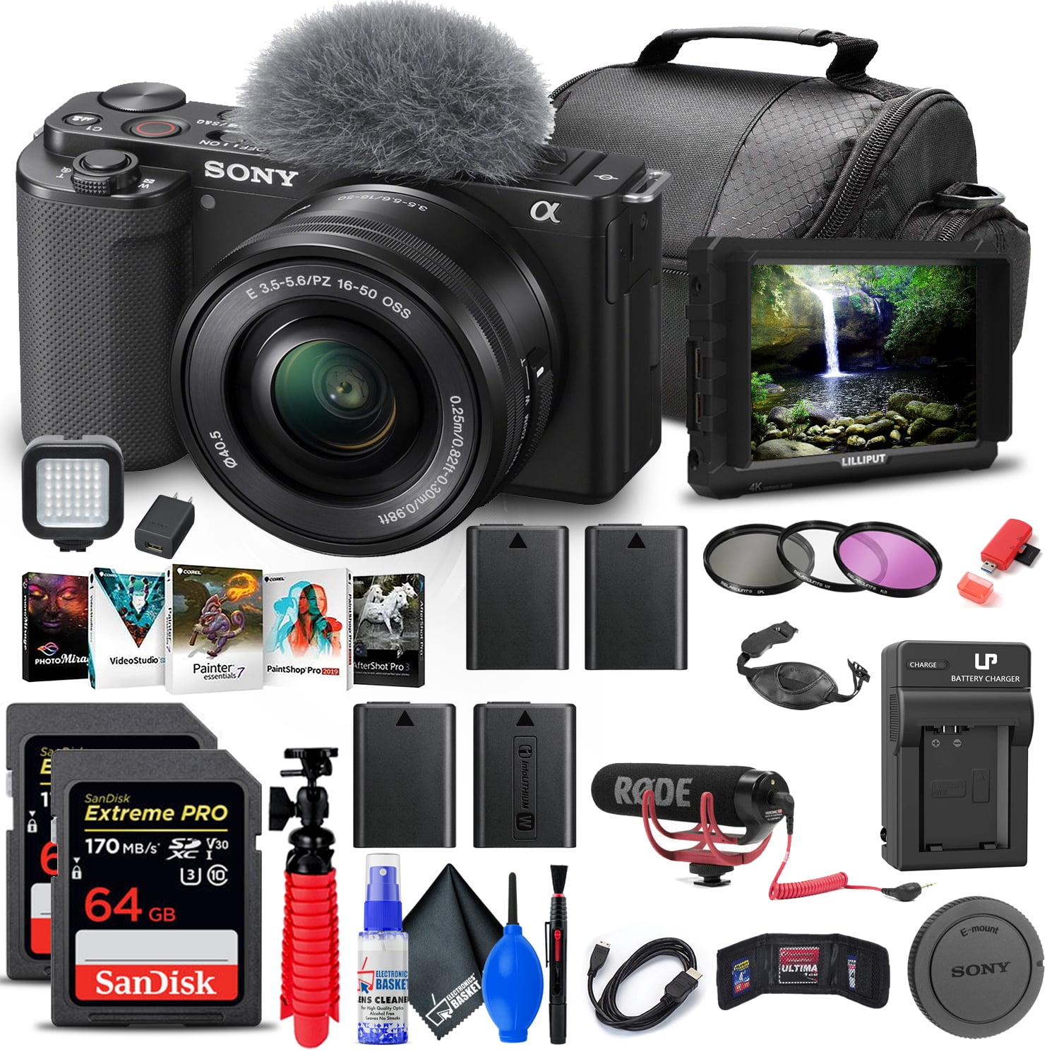 Sony ZV-E10 Mirrorless Camera with 16-50mm Lens + 4K Monitor + Pro Mic ...