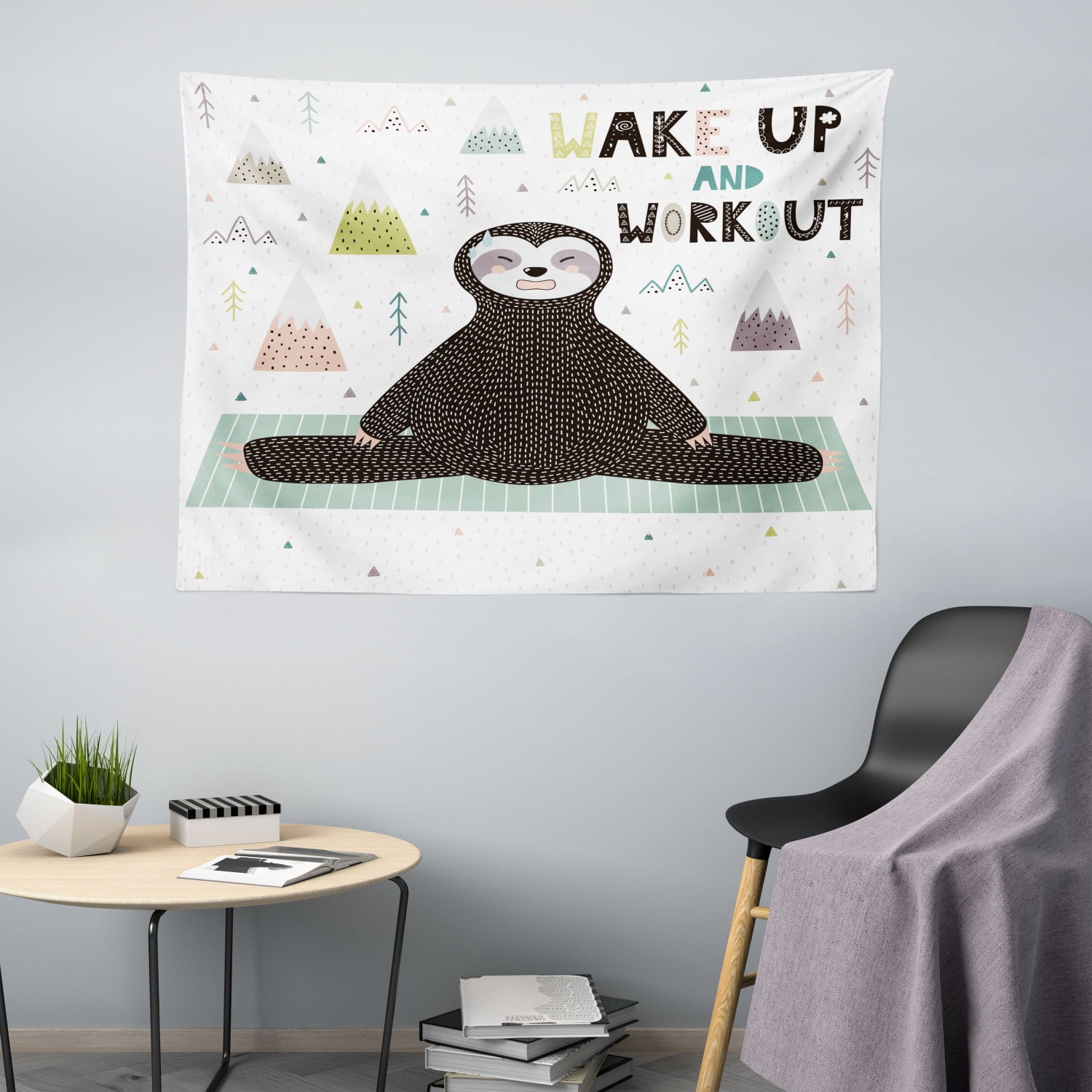 Funny Sloth Tapestry, Wake up and Work out Lettering Morning Yoga ...