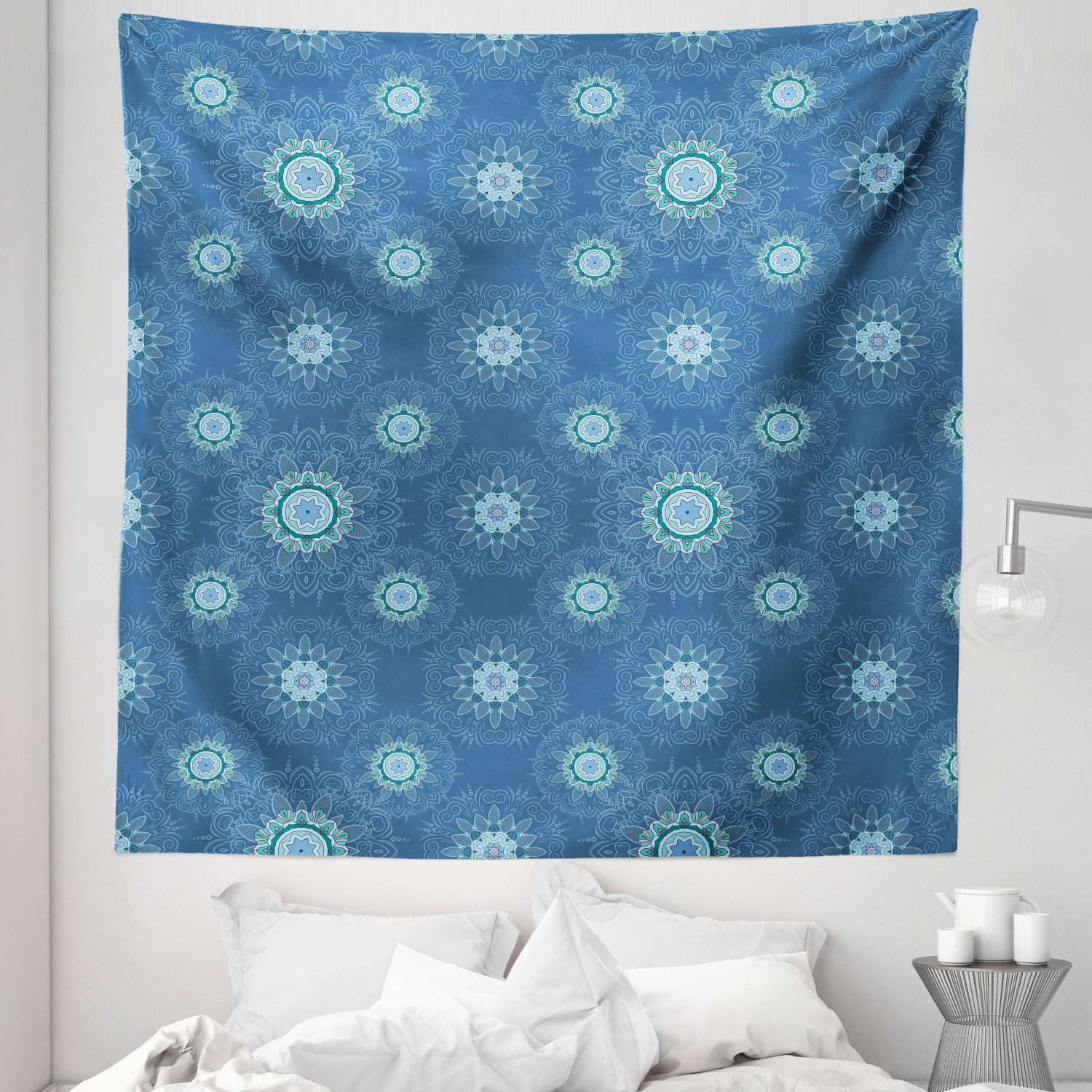 Blue Mandala Tapestry, Repetitive Intricate Round Motifs Floral ...
