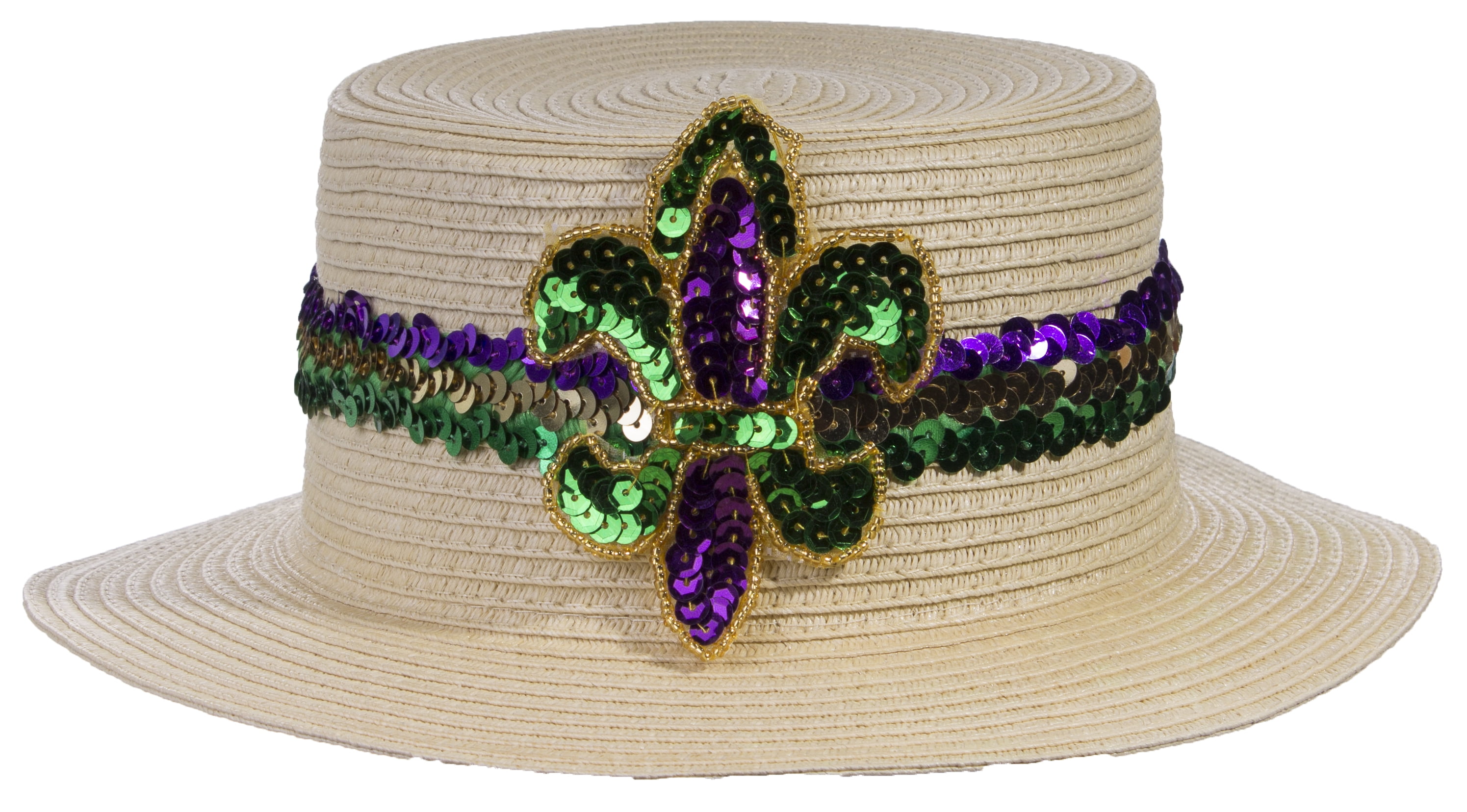 Mardi Gras Costume Hat - Straw Skimmer Hat w/ Fleur De Lis Sequin Band ...