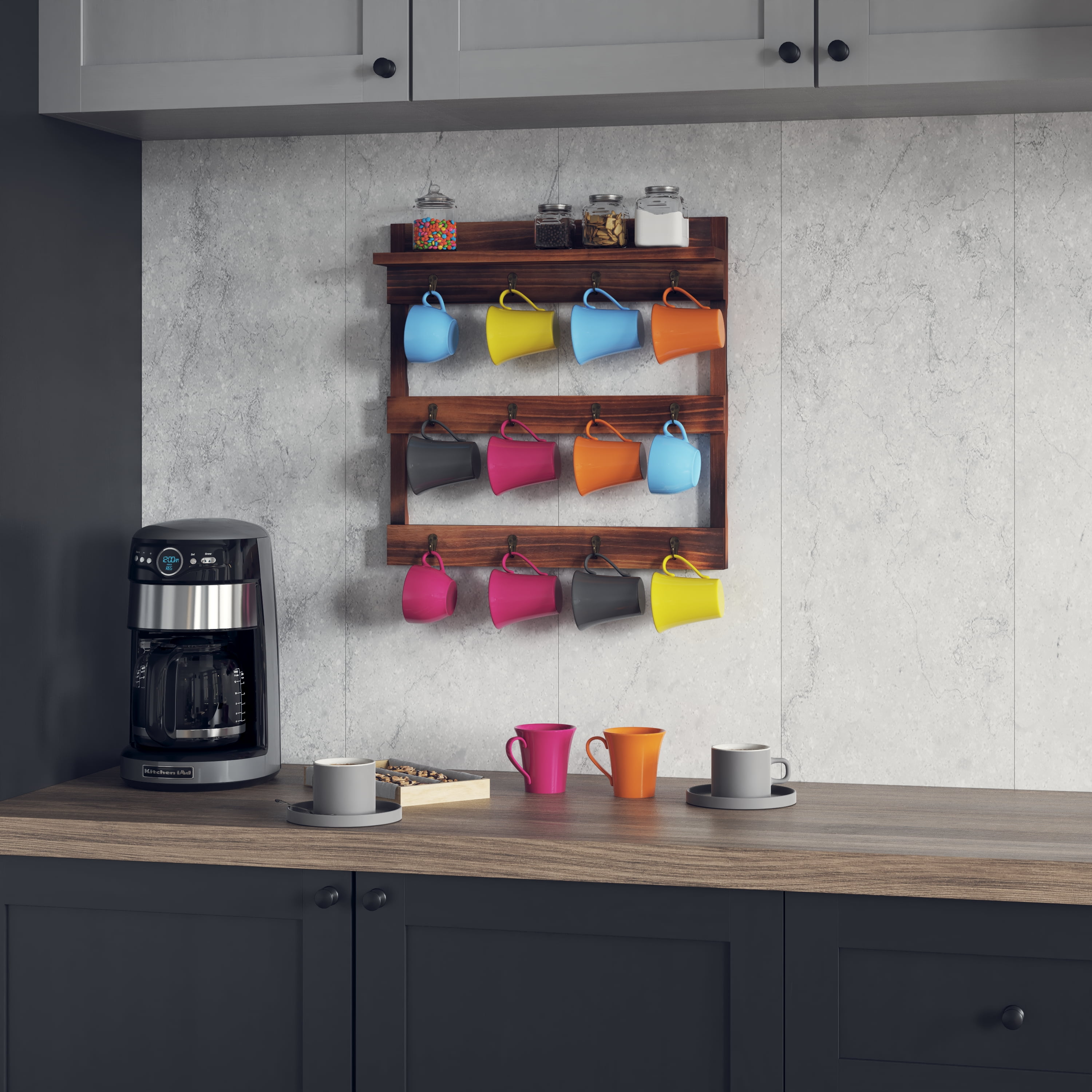 Emma + Oliver Rustic Brown Wall Mounted Mug Rack with 12 Coffee Cup ...