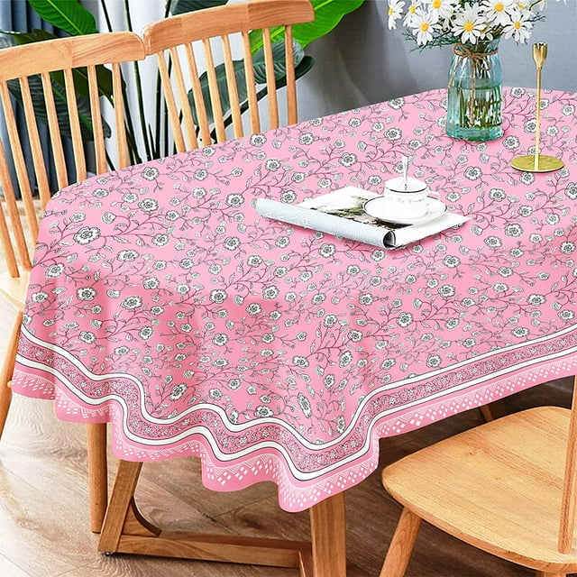 Oval Pink Vine Floral Tablecloth,White FlowerTable Cloth,Ivory French ...