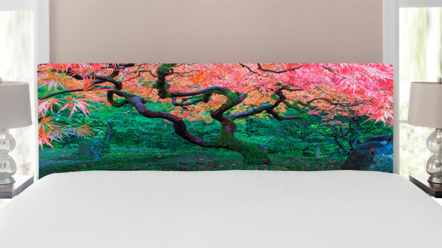 Japanese Headboard, Aged Red Leaf Maple Moss Garden Scenery in Autumn ...