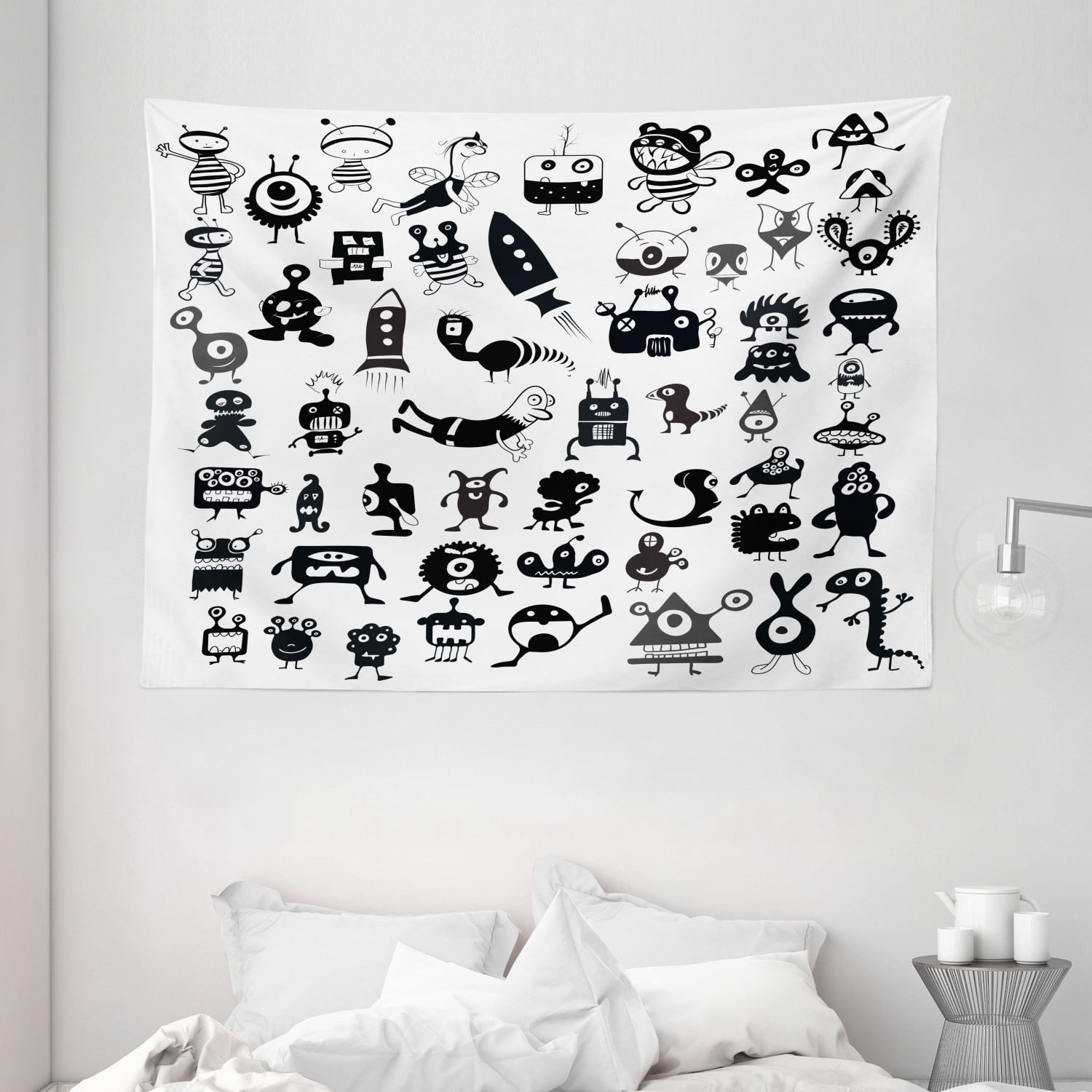 Doodle Tapestry, Cartoon Style Doodles with Space Themes Aliens ...