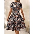 Black Floral Print V-Neck Button Front Midi Dress With Short Sleeves ...