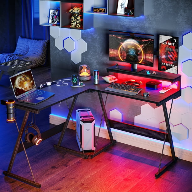 Bestier L Shaped Gaming Desk Computer Desk with Power Outlet Carbon ...