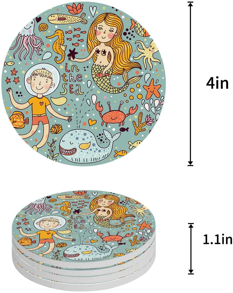 FMSHPON Mermaid Octopus Cartoon Underwater World Set of 8 Round Coaster ...