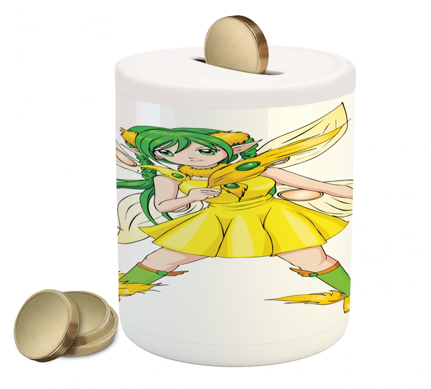 Anime Piggy Bank, Fantasy Illustration of a Girl in a Yellow Dress ...
